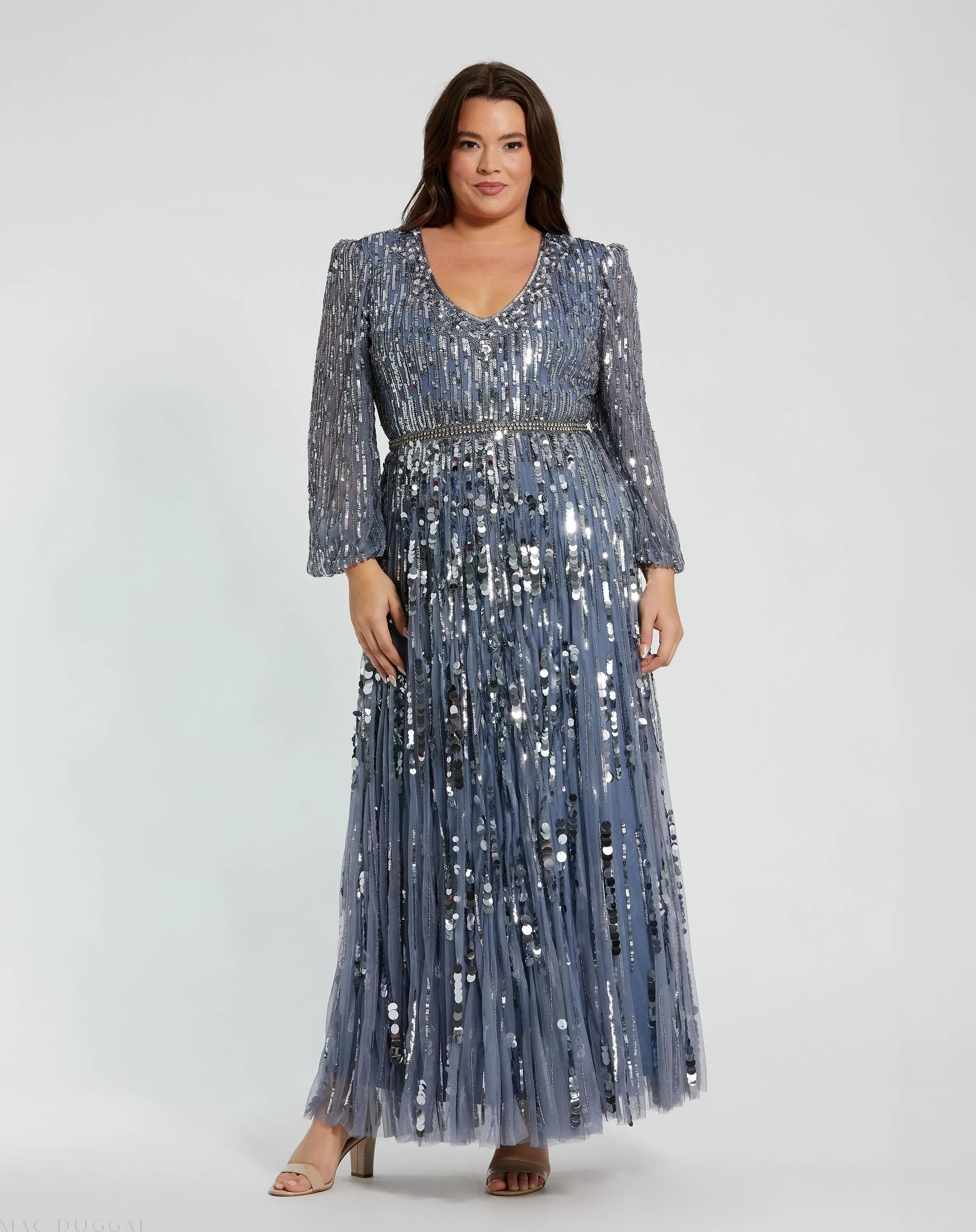 Blue Long Sleeve V-Neck Embellished Gown (Plus) | Mac Duggal