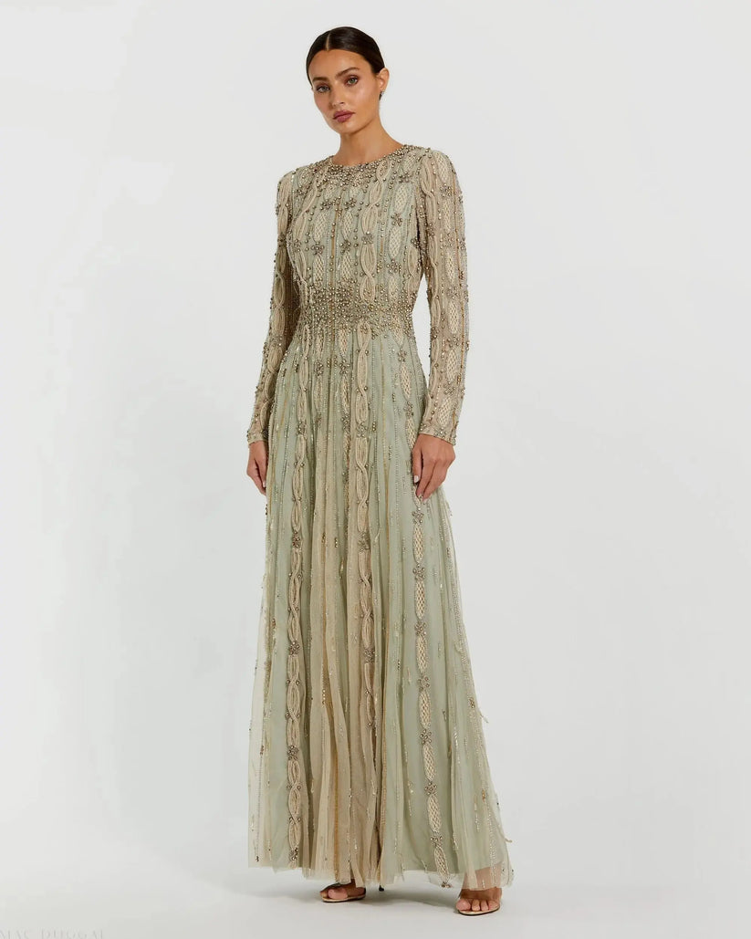Green Embellished Mesh Long Sleeve A Line Gown | Mac Duggal