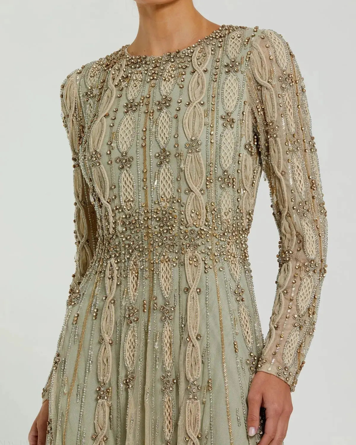 Green Embellished Mesh Long Sleeve A Line Gown | Mac Duggal