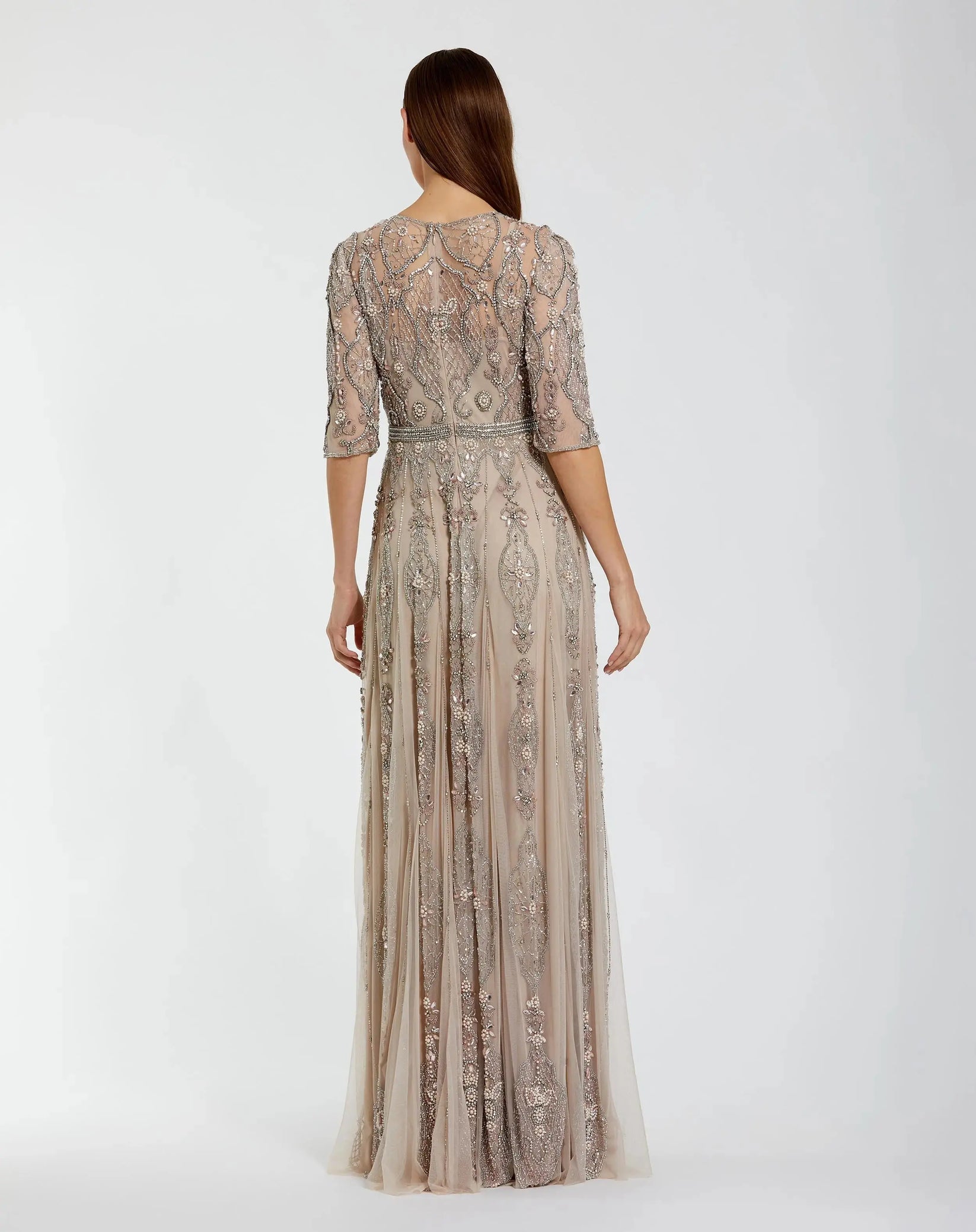 Beige 3/4 Sleeve Embellished A-line Gown | Mac Duggal