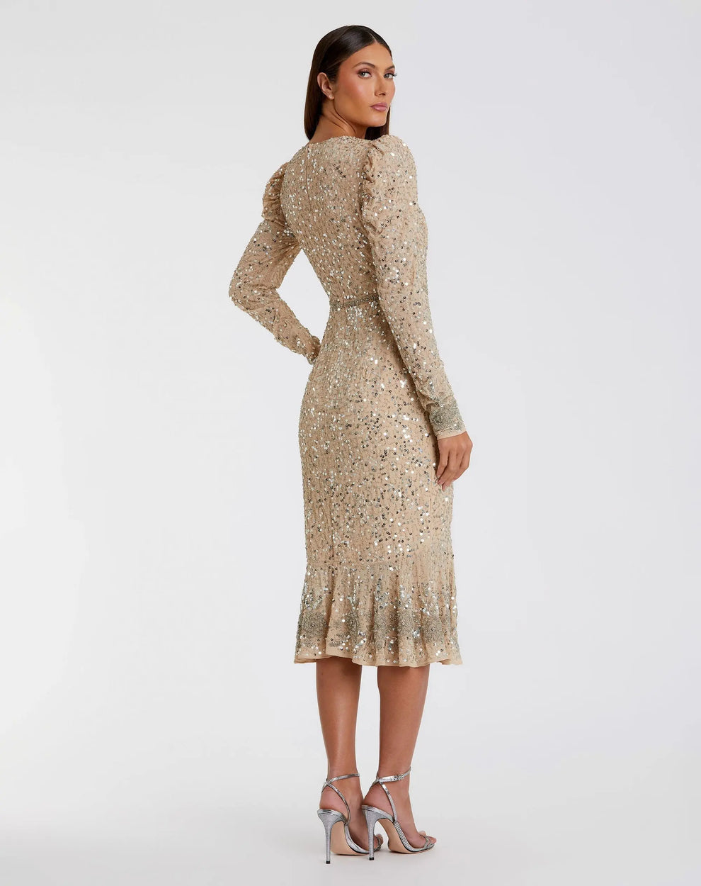Beige Sequin Dress with Beaded Hemline and Belt | Mac Duggal
