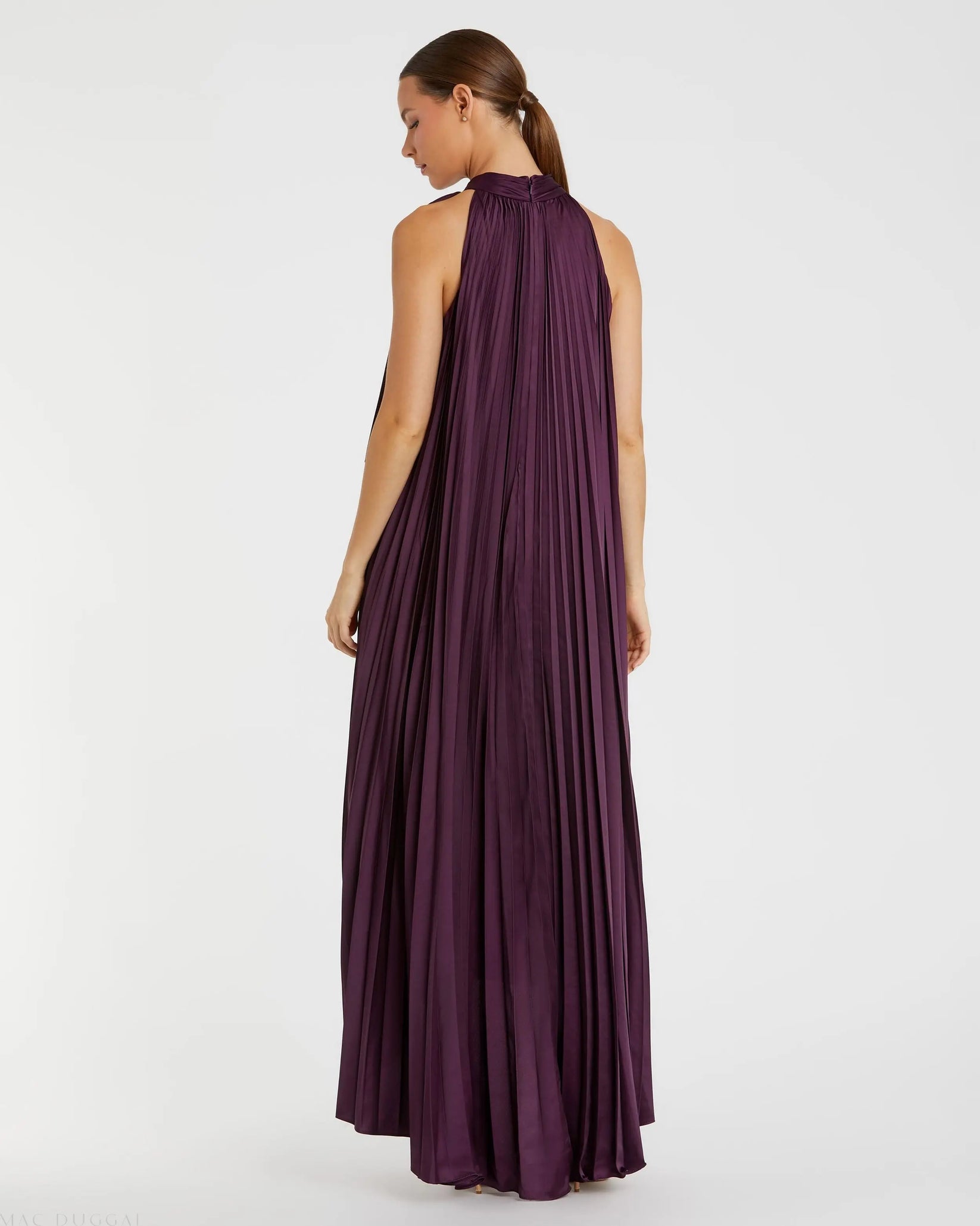 Purple Pleated Halter Neck High Low Gown | Mac Duggal