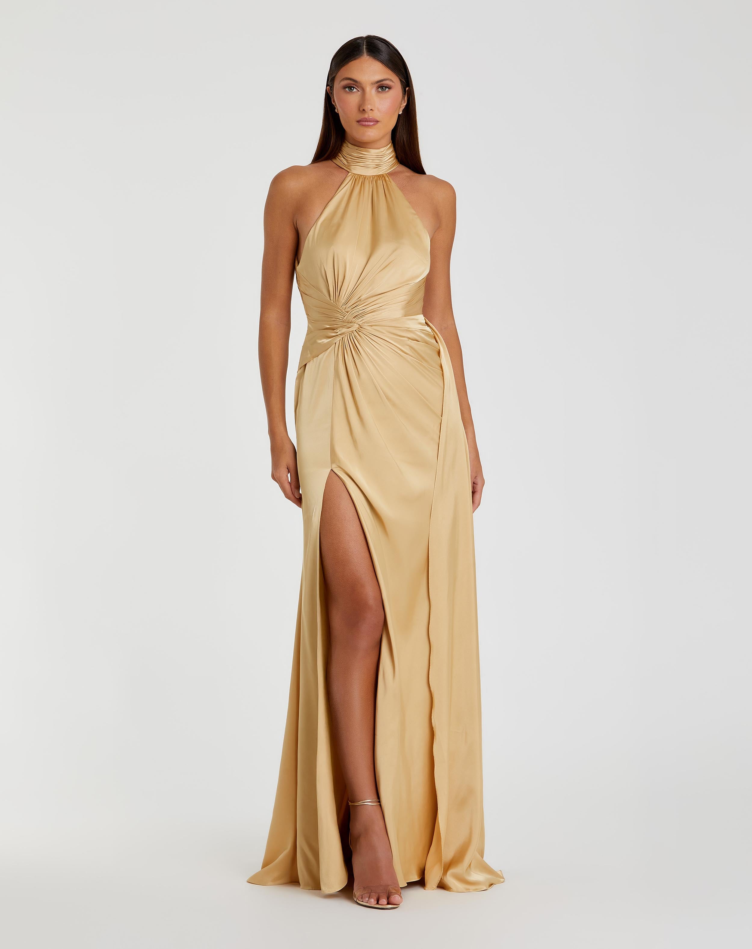 Gold Open Back High Neck Side Ruched Gown | Mac Duggal