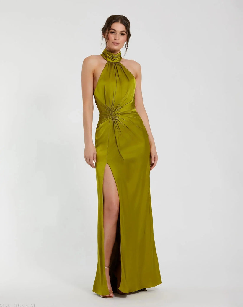 Dark Green Open Back High Neck Side Ruched Gown | Mac Duggal