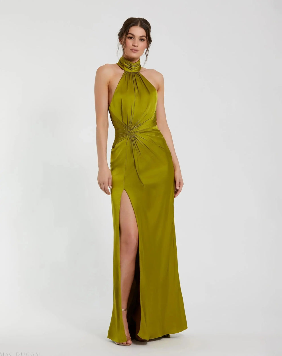Dark Green Open Back High Neck Side Ruched Gown | Mac Duggal