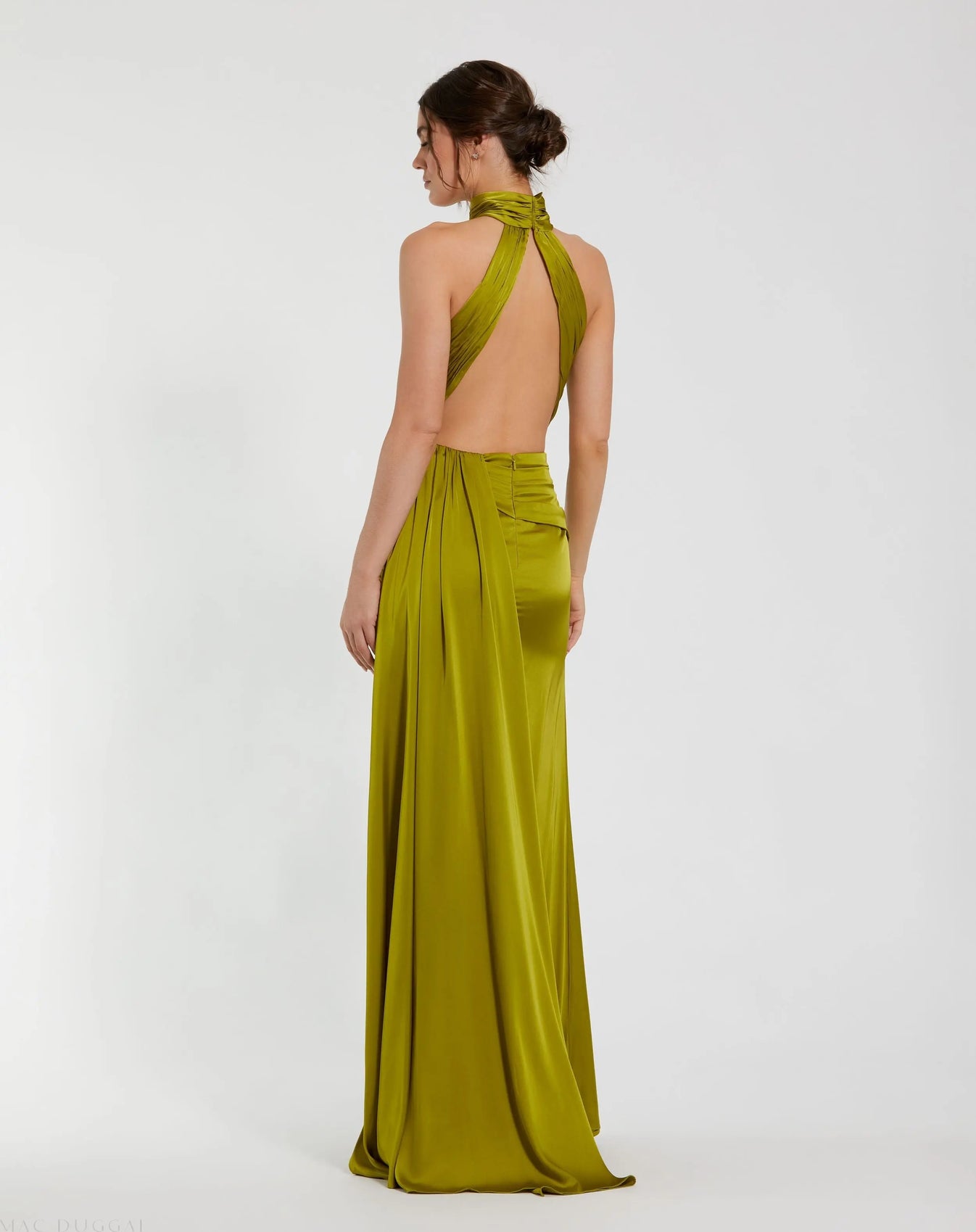Dark Green Open Back High Neck Side Ruched Gown - Mac Duggal