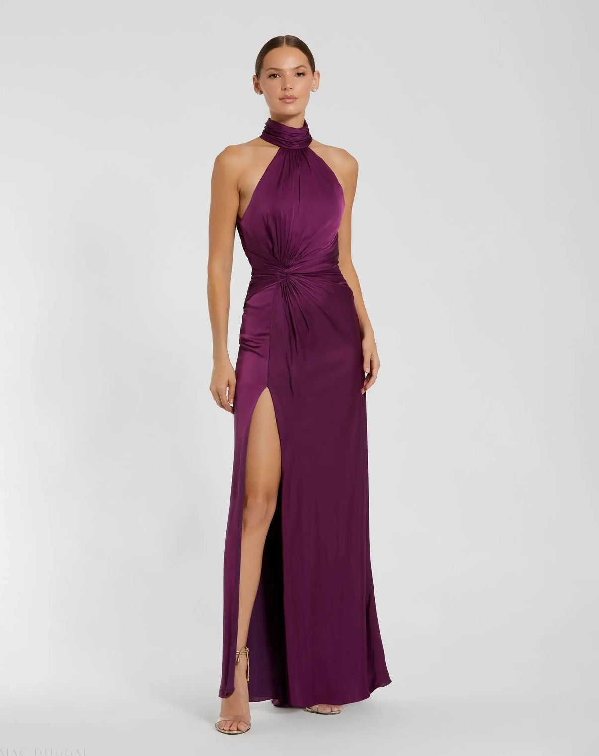 Purple Open Back High Neck Side Ruched Gown - Mac Duggal