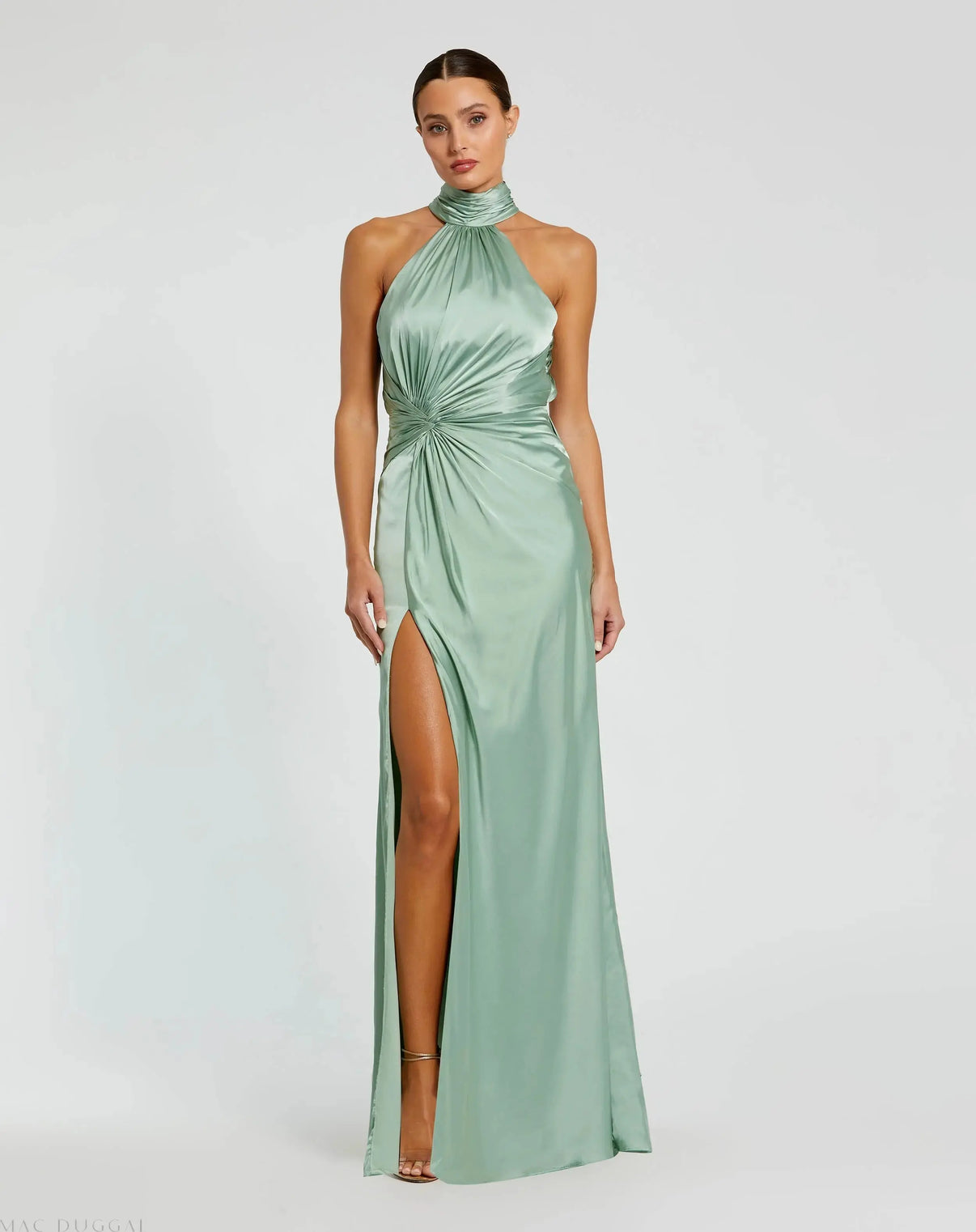 Green Sleeveless Open Back Satin Gown | Mac Duggal