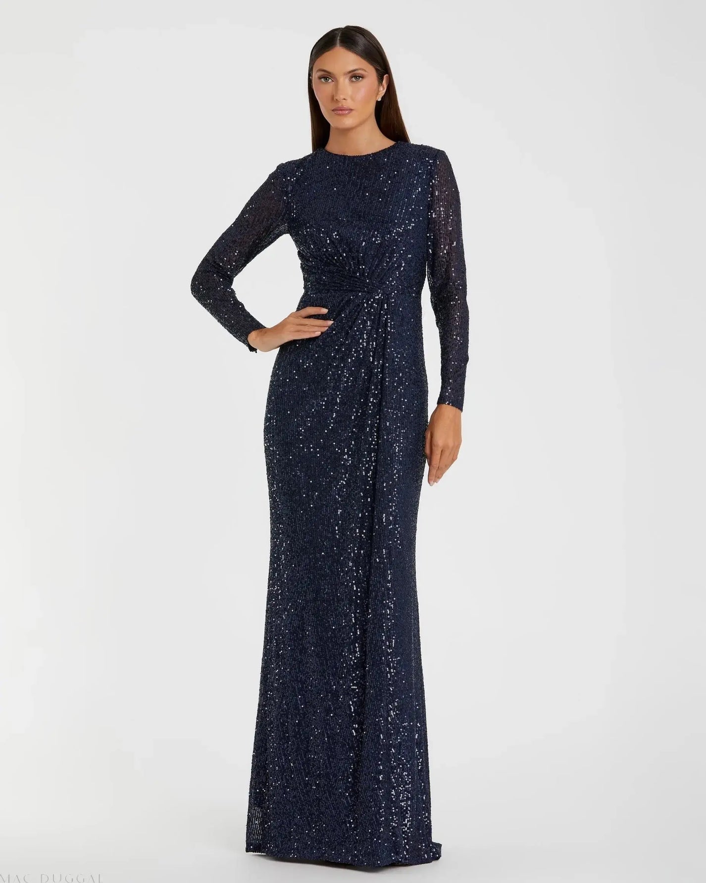 Navy Sequined Long Sleeve Side Knot Gown | Mac Duggal