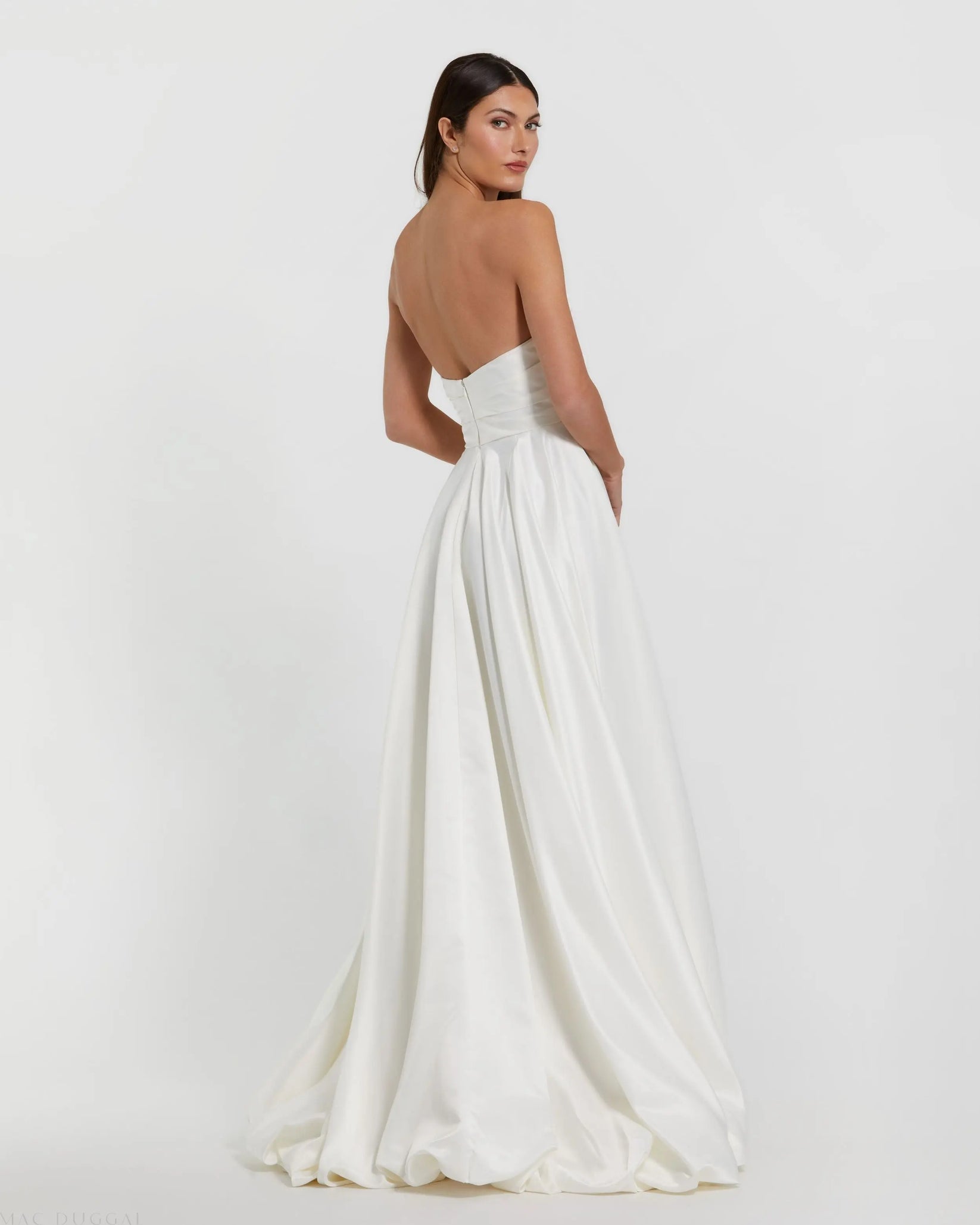 White Strapless Ruched High Low Gown | Mac Duggal