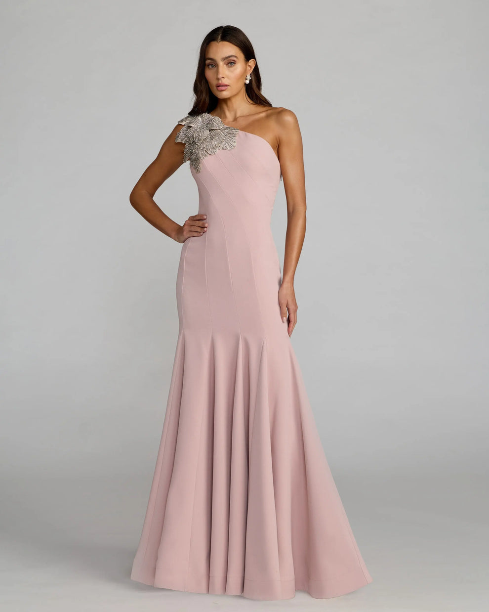 Pink Crepe One Shoulder Gown With Crystal Flower | Mac Duggal