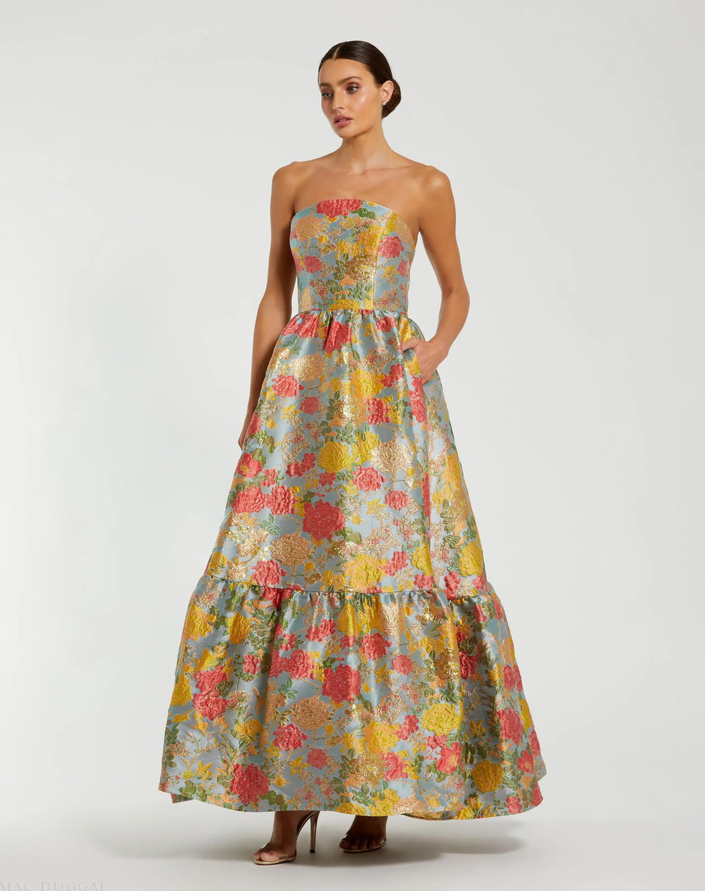 Multicolor Strapless Floral Brocade Dress with Ruffles | Mac Duggal