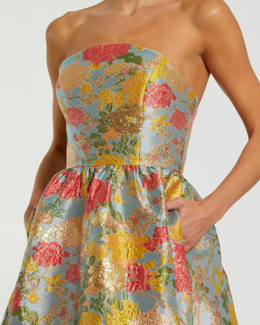 Multicolor Strapless Floral Brocade Dress with Ruffles | Mac Duggal