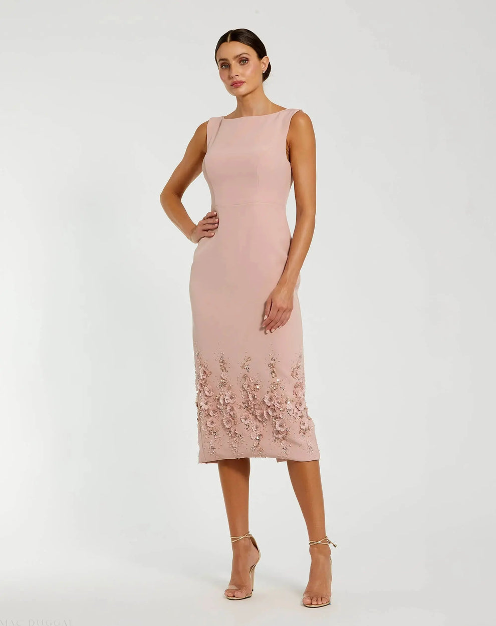 Pink Crepe Sleeveless Midi Dress With Flower Beading | Mac Duggal