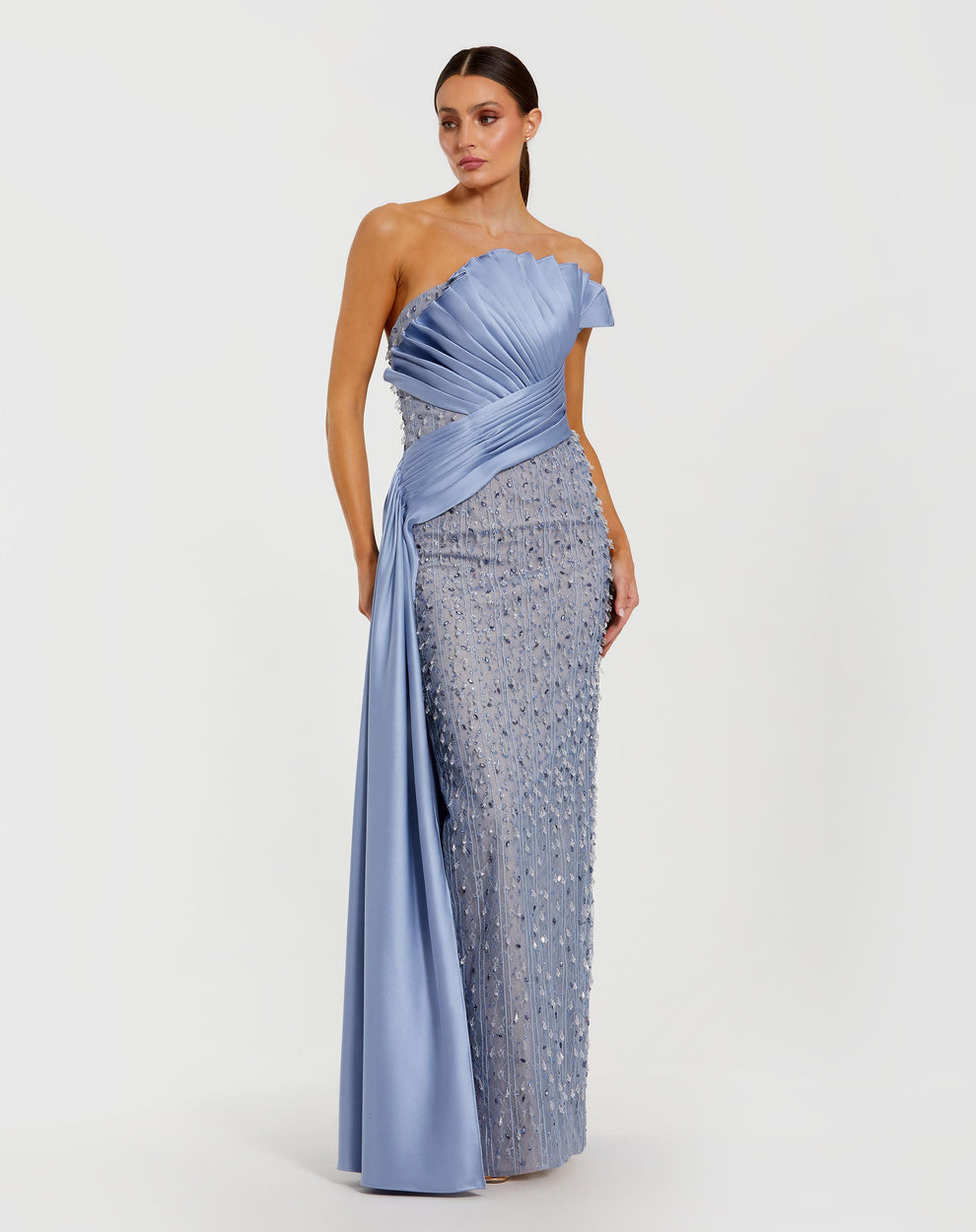Blue Beaded Lace Column Gown with Satin Sash | Mac Duggal