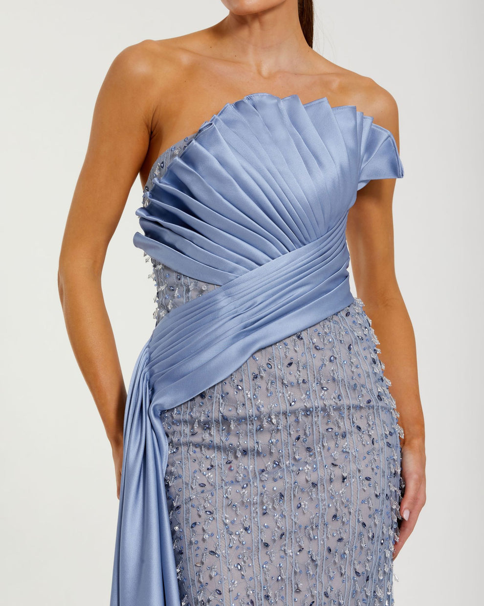 Blue Beaded Lace Column Gown with Satin Sash | Mac Duggal
