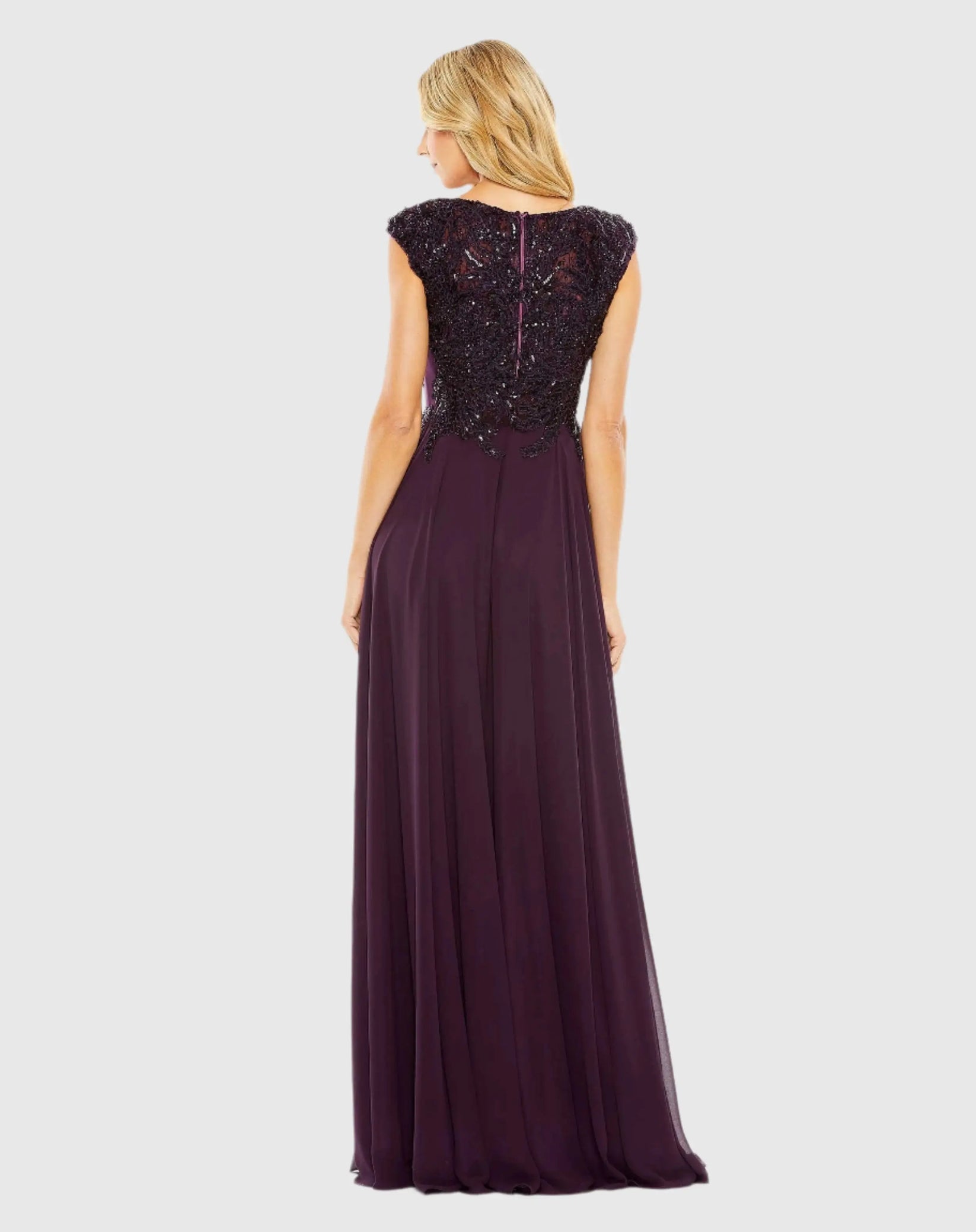 Purple Cap Sleeve Applique Bodice Flowy Gown | Mac Duggal