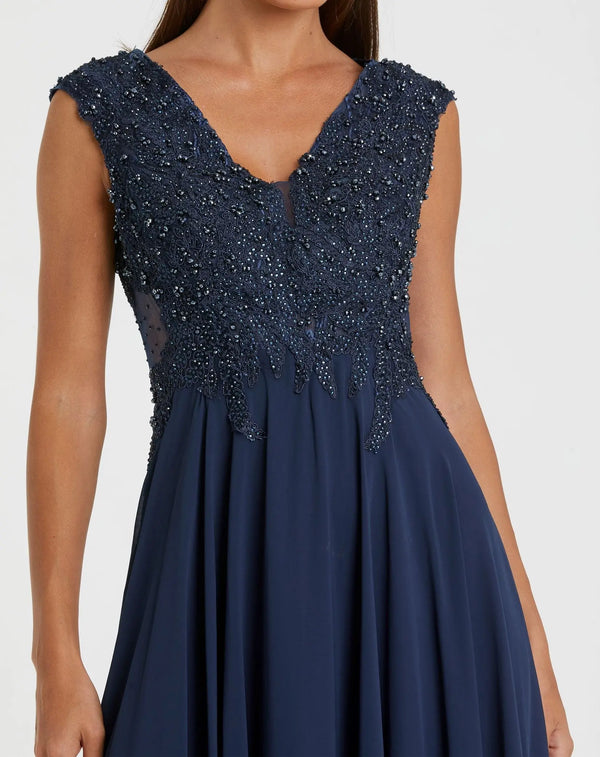 Navy Cap Sleeve Applique Bodice Flowy Gown | Mac Duggal