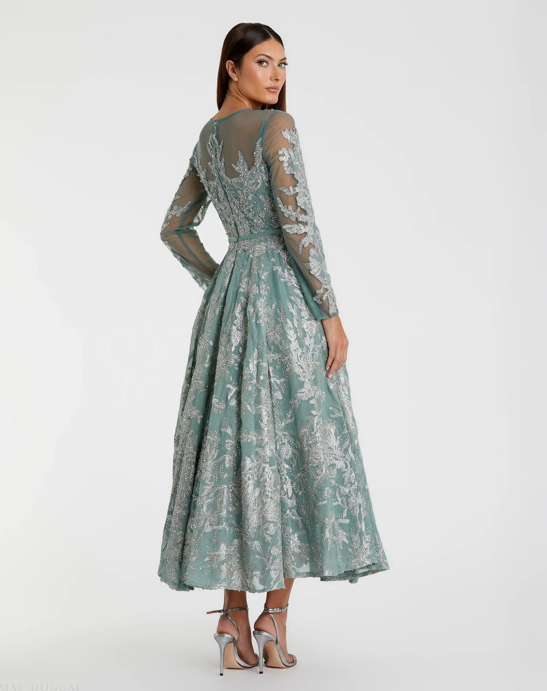 Embellished Bow Belt Illusion Long Sleeve A Line Dress – Mac Duggal