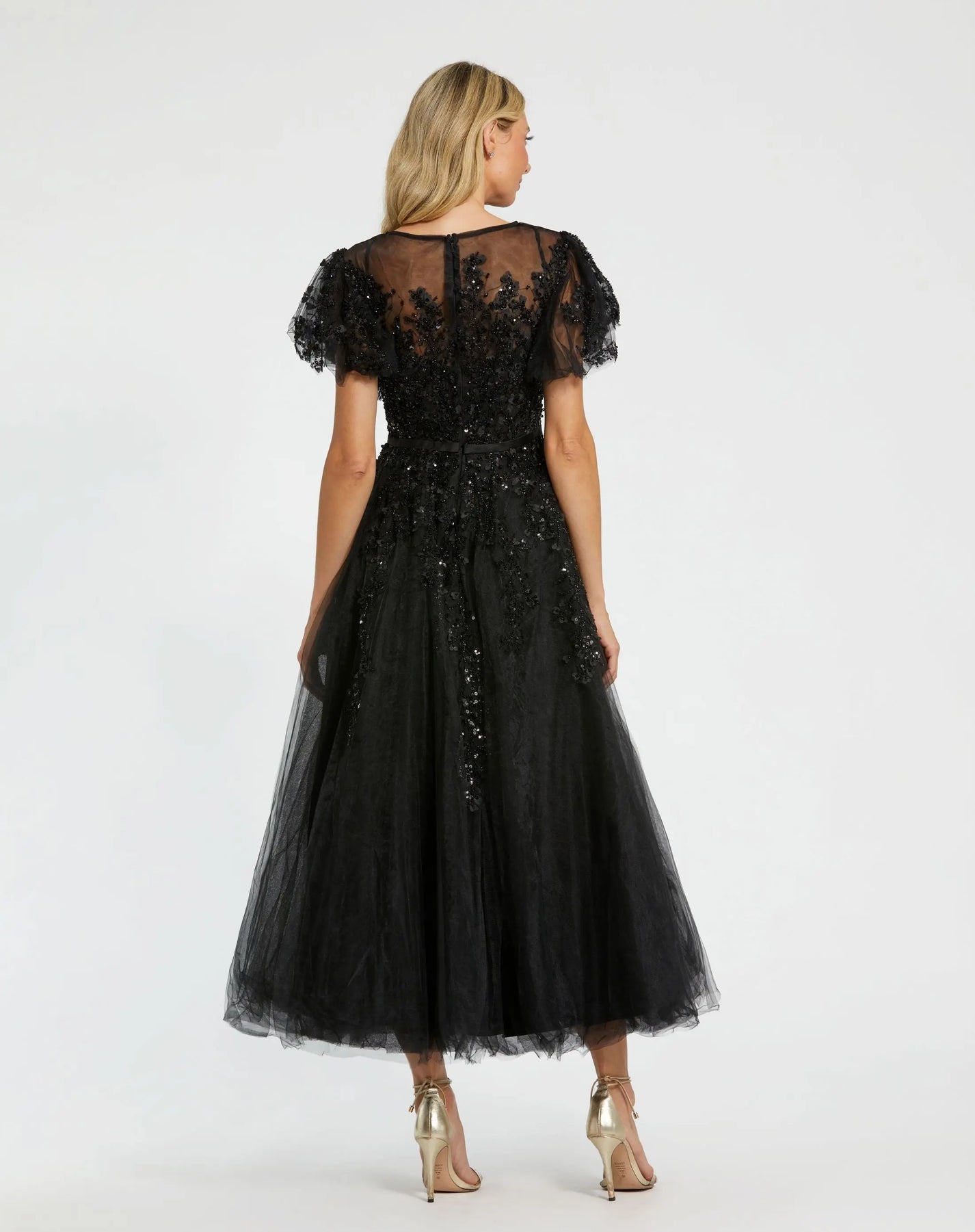 Black Embellished Flutter Sleeve Bow Waist A Line Dress - Mac Duggal