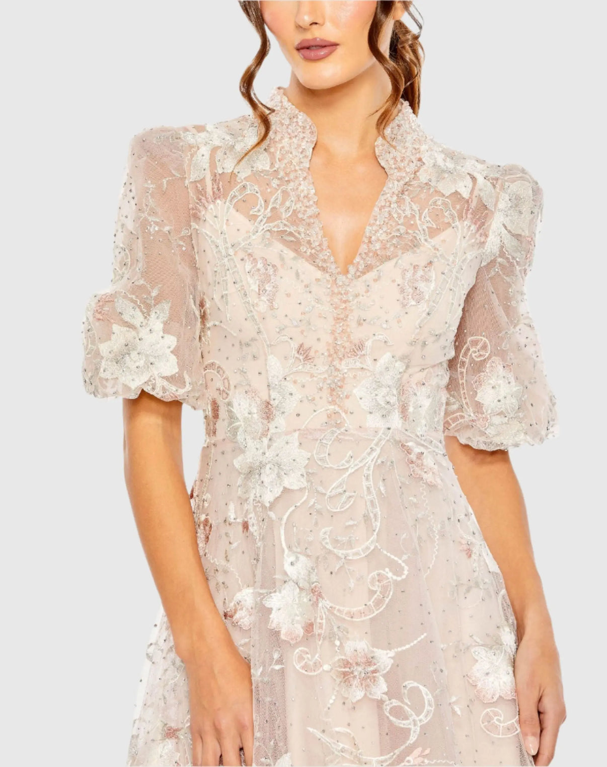 Pink Queen Anne Puff Sleeve A-Line Gown | Mac Duggal