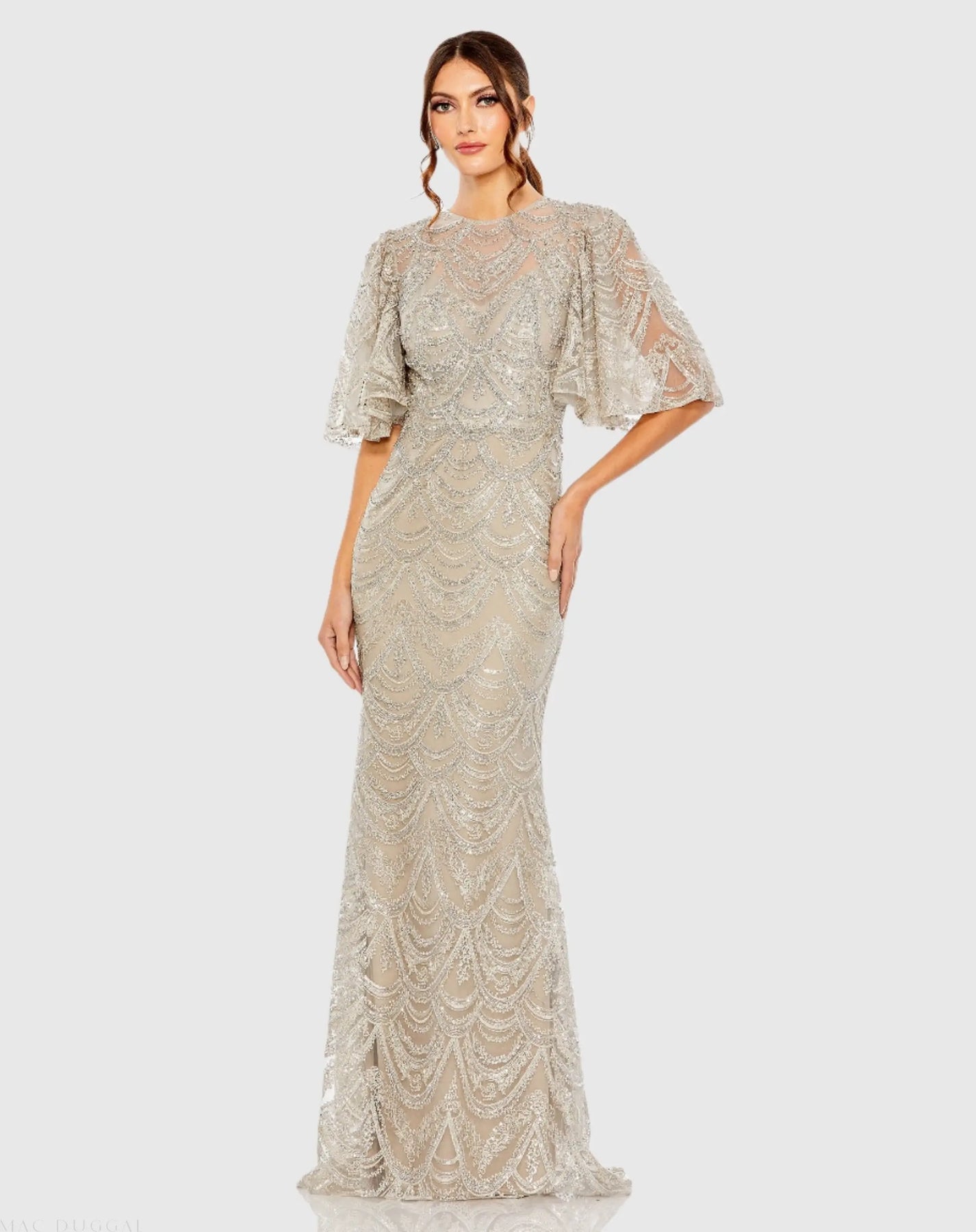 Beige and Silver Flutter Sleeve High Neck Gown | Mac Duggal