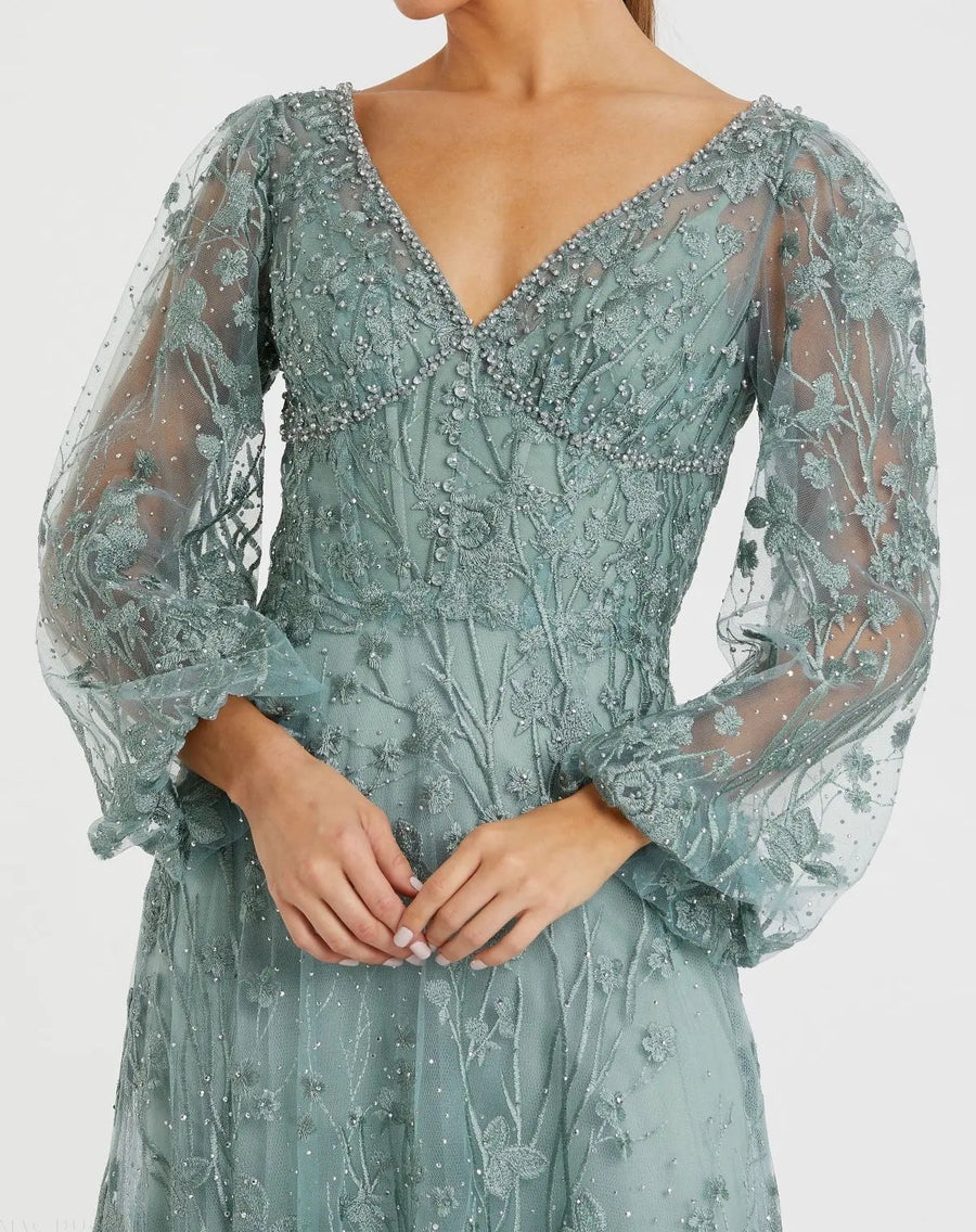 V-Neck Mesh Puff Sleeve A Line Embellished Tea Length Dress – Mac Duggal