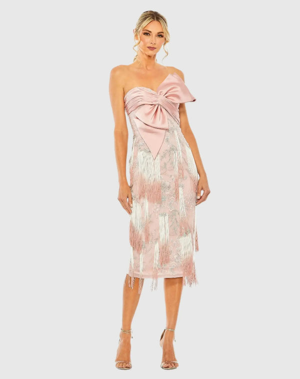 Pink Bow Front Ombre Fringe Detailed Dress - Mac Duggal