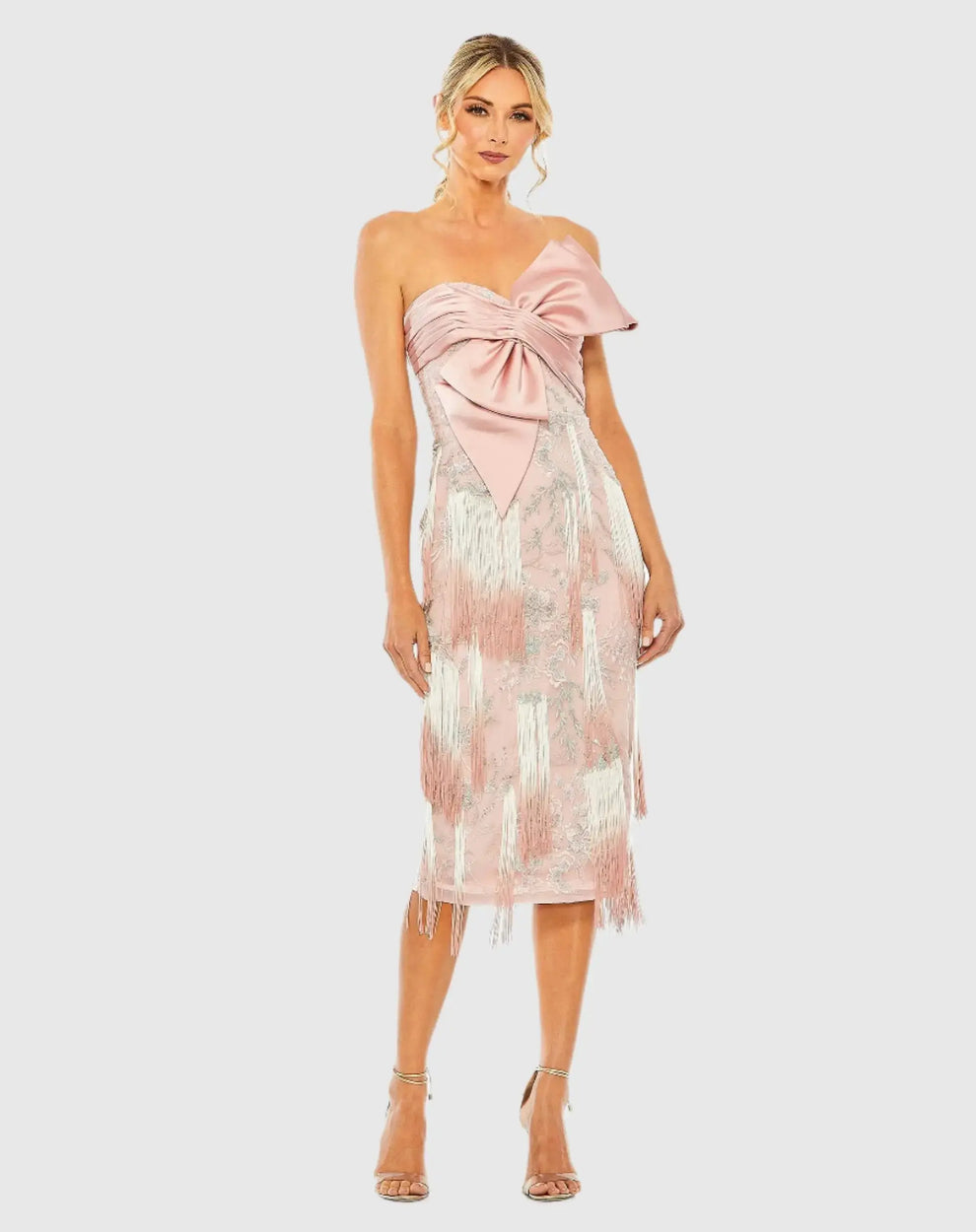Pink Bow Front Ombre Fringe Detailed Dress - Mac Duggal
