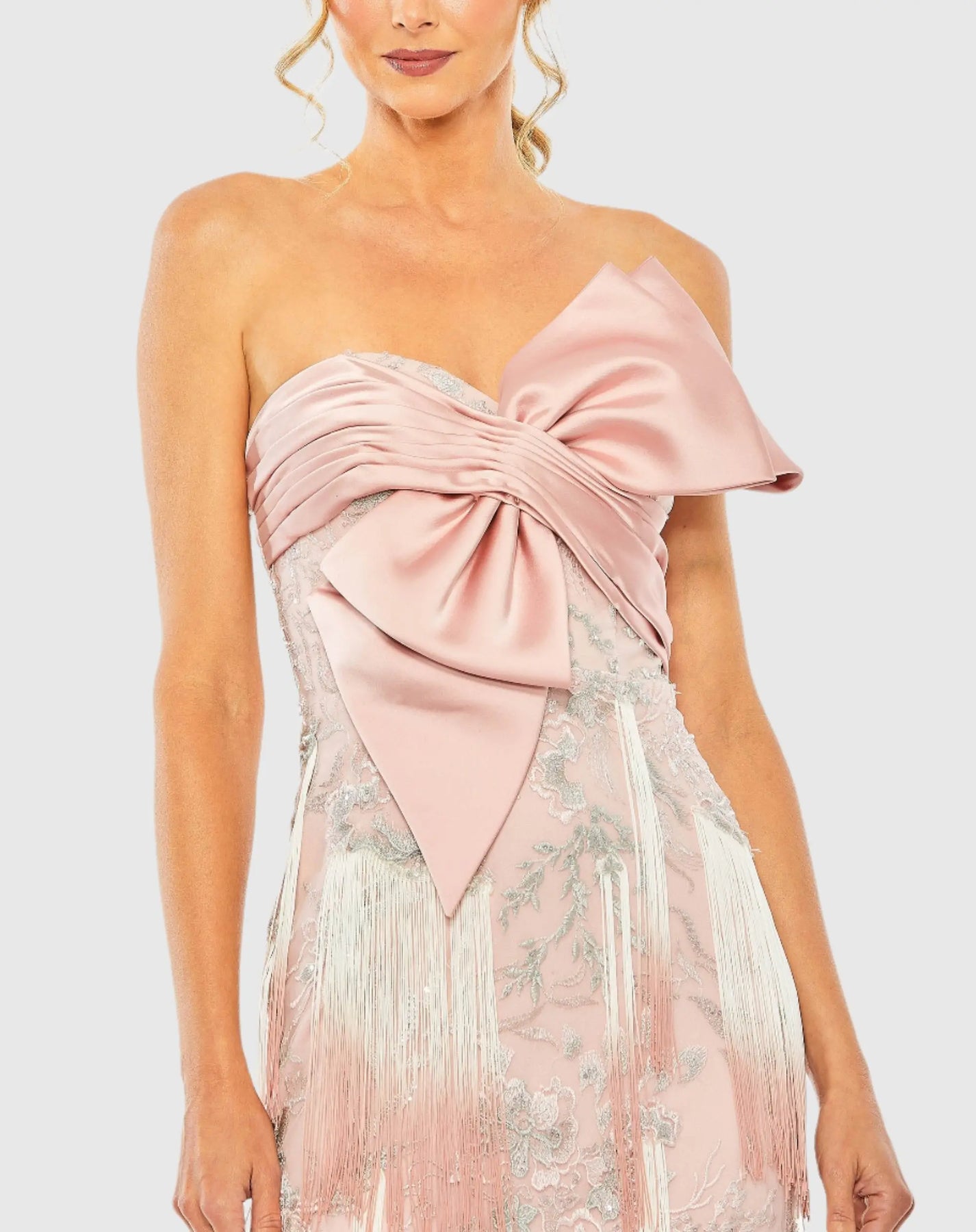 Pink Bow Front Ombre Fringe Detailed Dress - Mac Duggal