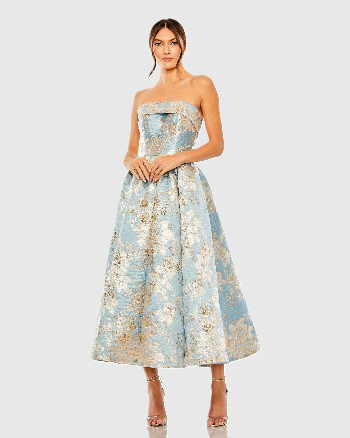 Light Blue Strapless Brocade Midi Dress With Pockets | Mac Duggal