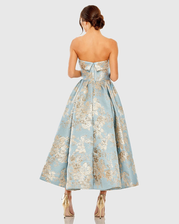 Blue Strapless Brocade Midi Dress with Pockets - Mac Duggal