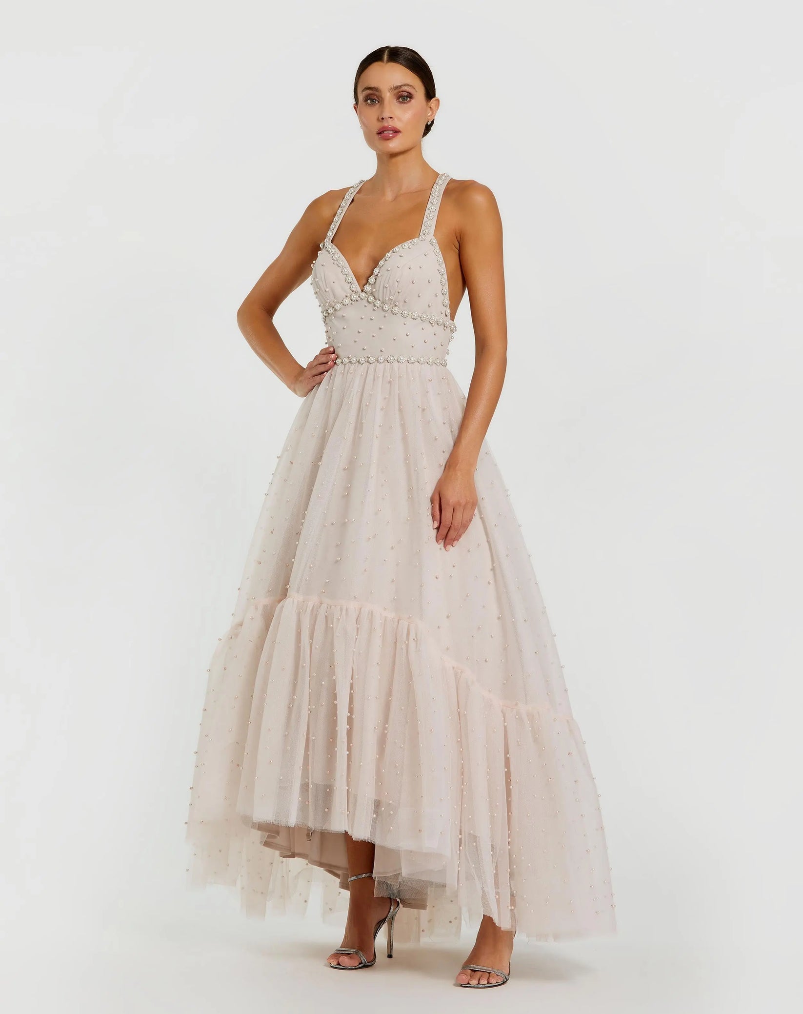 Light Pink Pearl Beaded High Low Gown | Mac Duggal