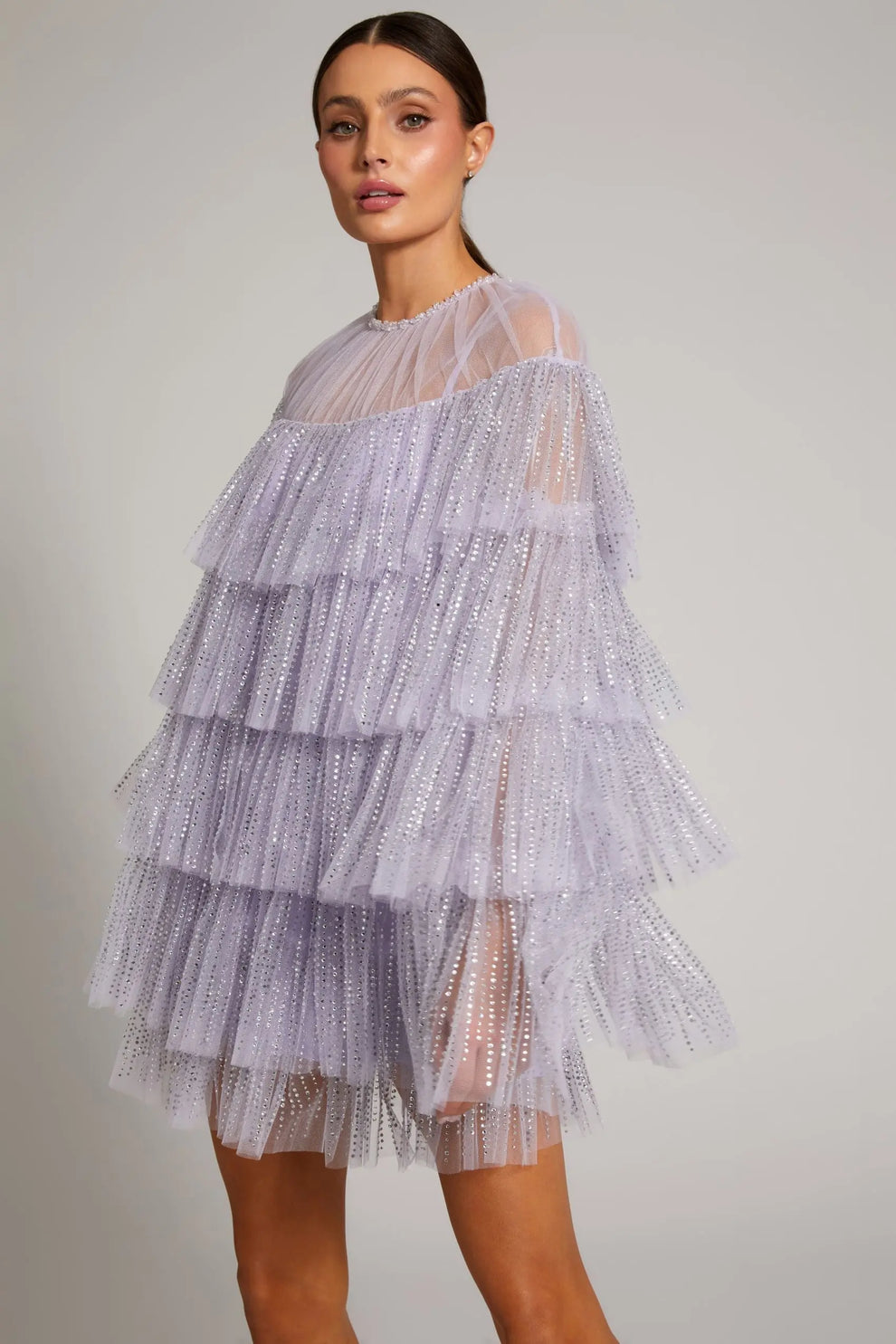 Purple Embellished High Neck Ruffle Mini Dress | Mac Duggal