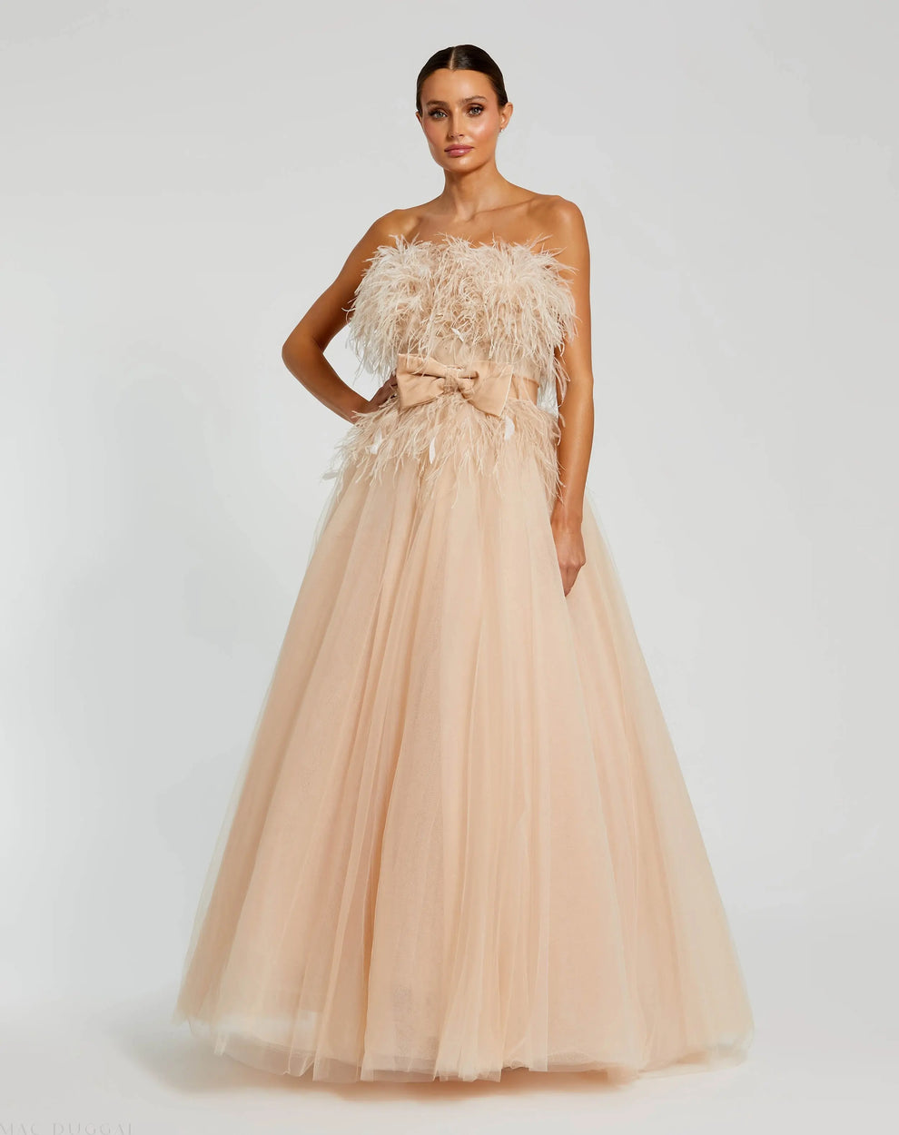 Pink Strapless Feather Bustier Ball gown | Mac Duggal