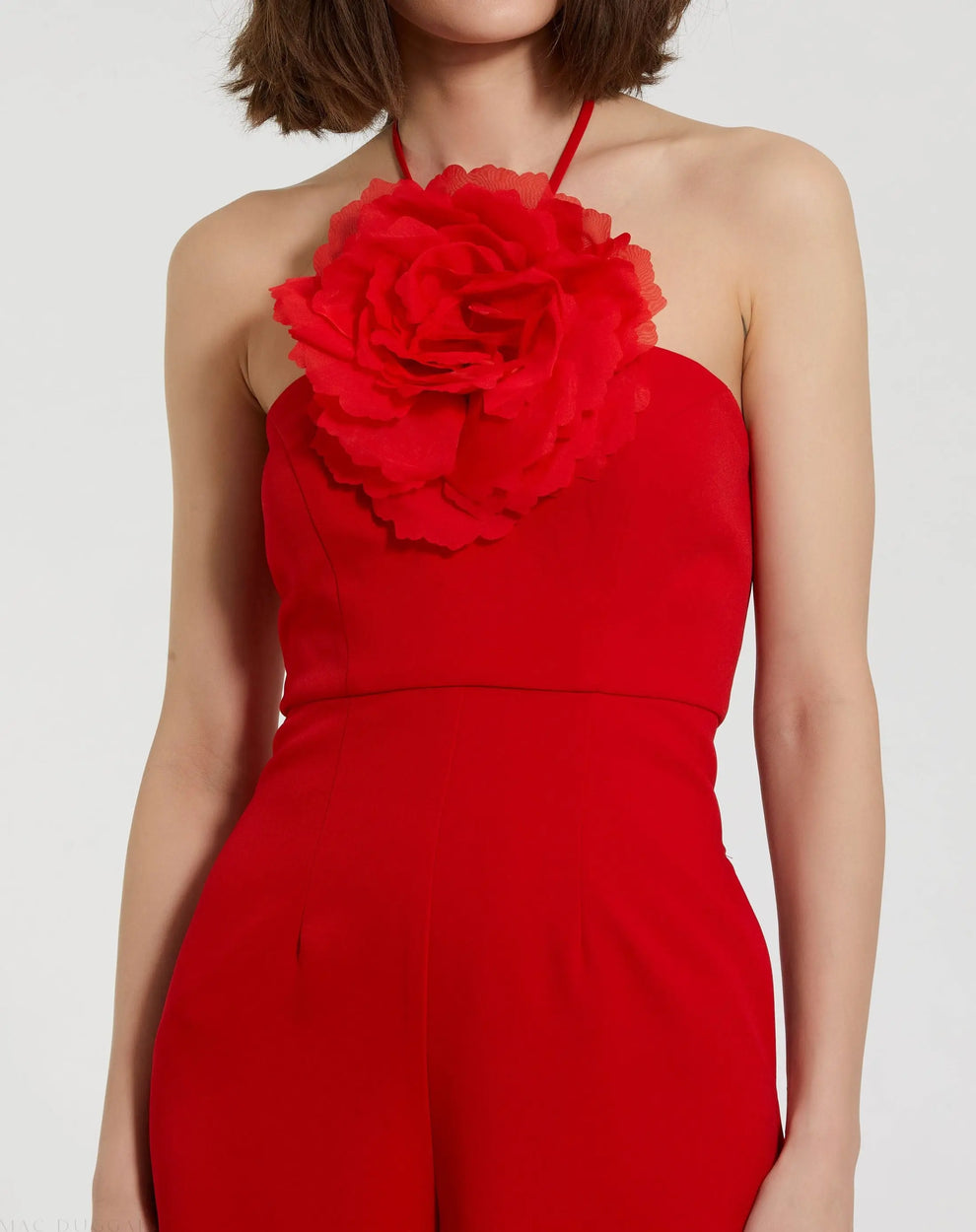 Red Halter Neck Crepe Jumpsuit With Flower | Mac Duggal