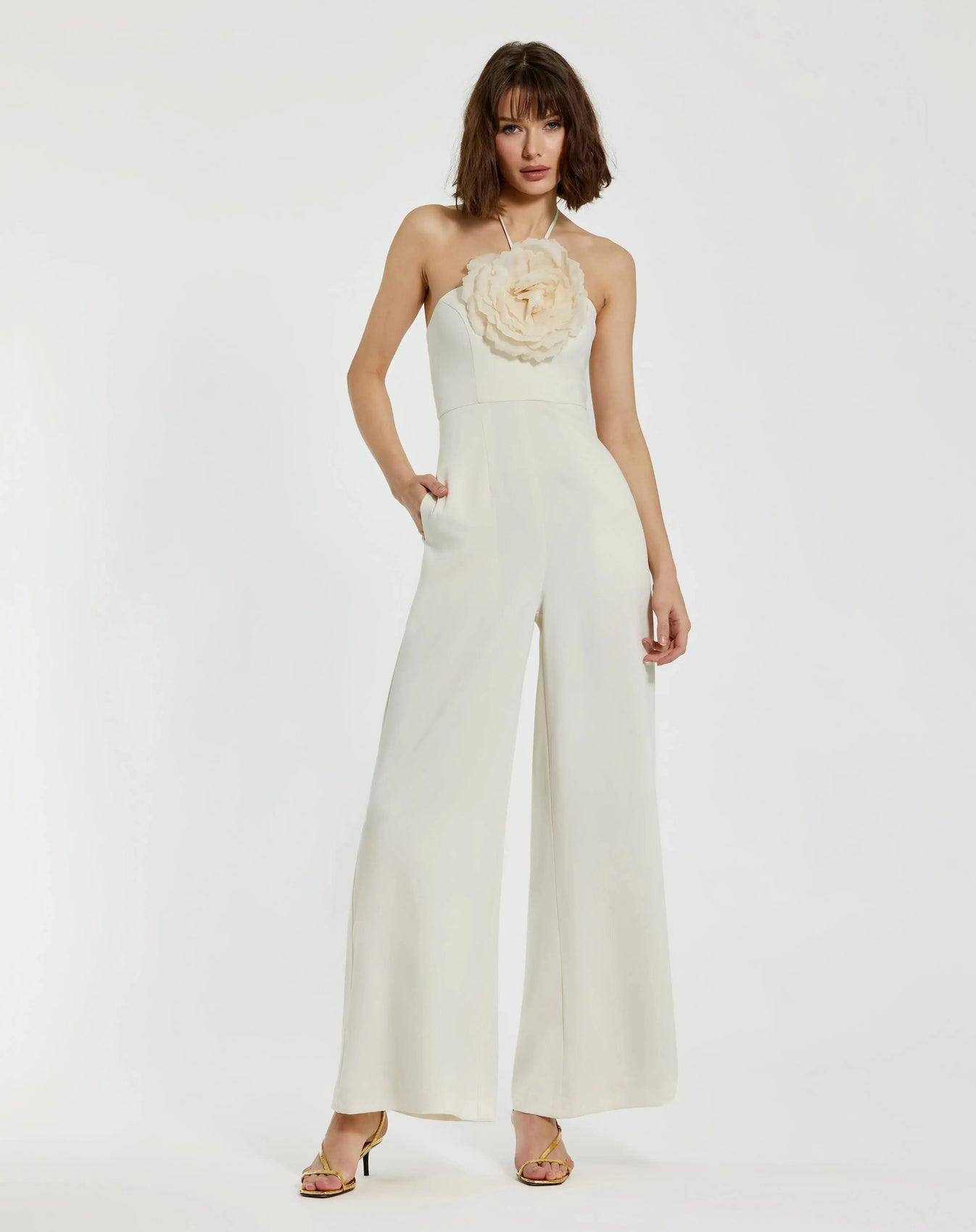 Ivory Halter Neck Crepe Jumpsuit With Flower | Mac Duggal