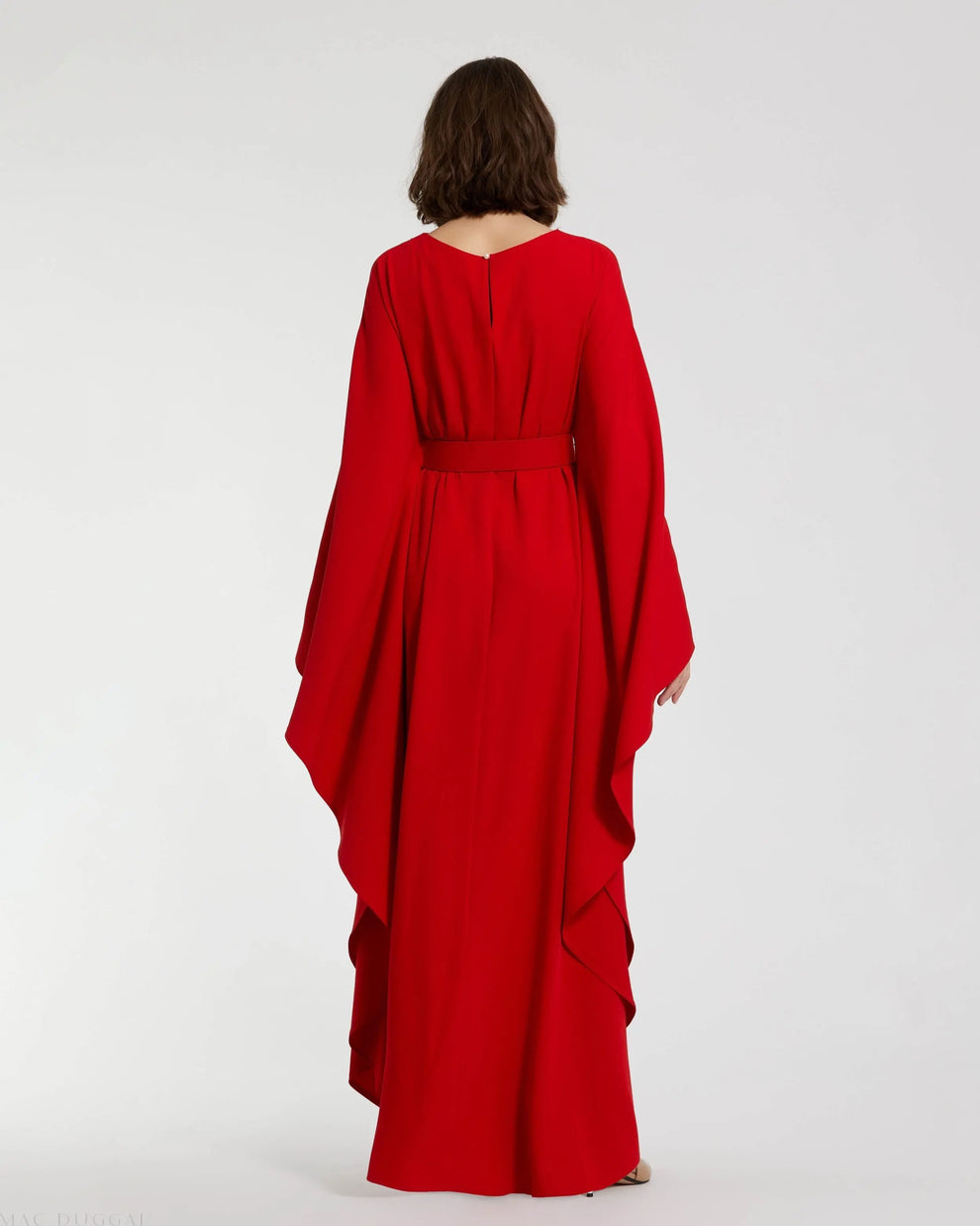 Red Crepe Boat Neck Kaftan Maxi Dress With Belt | Mac Duggal