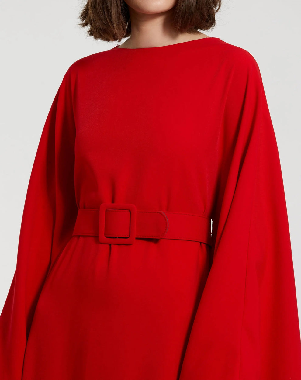 Red Crepe Boat Neck Kaftan Maxi Dress With Belt | Mac Duggal