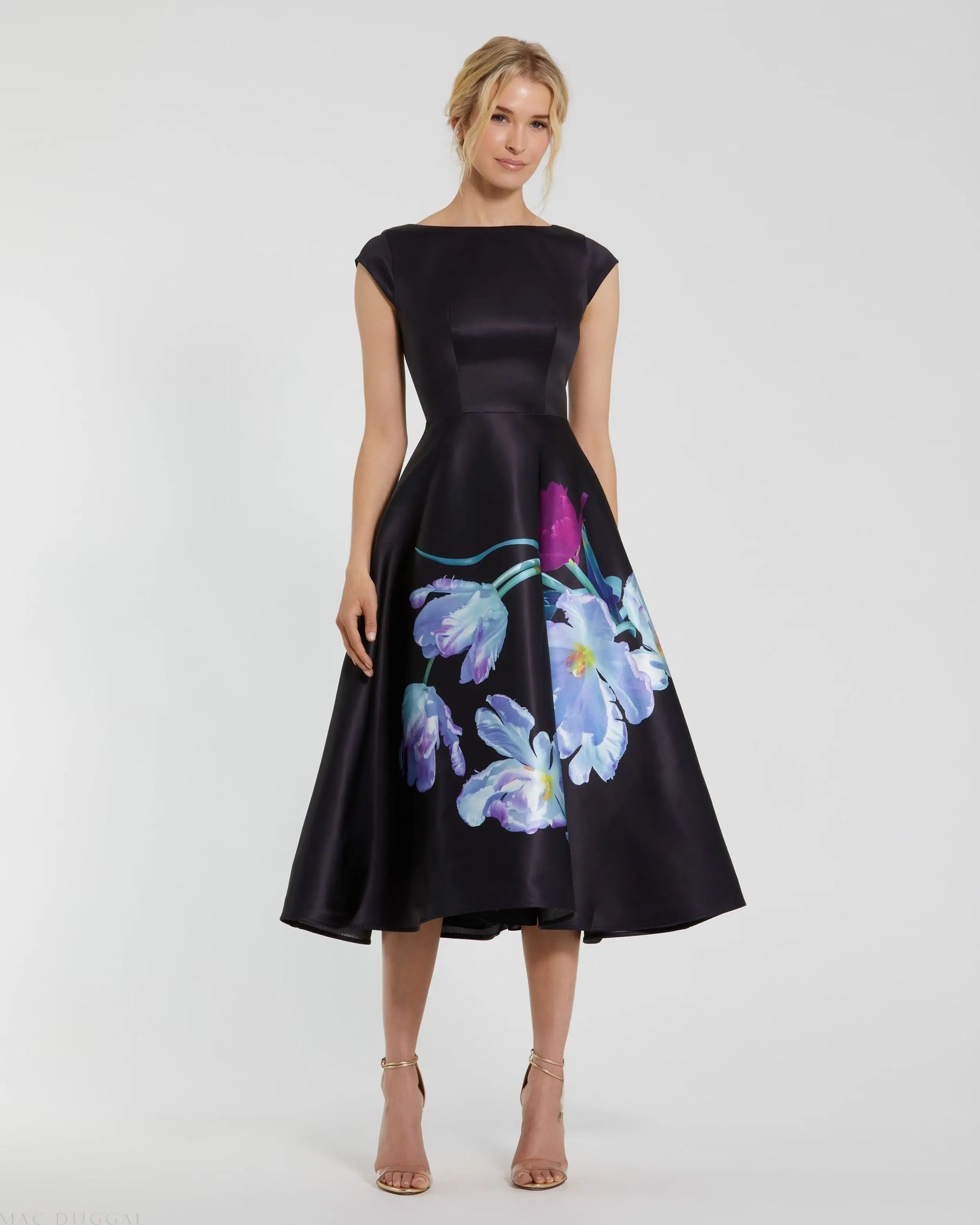 Satin Cap Sleeve Midi Dress With Floral Print - Mac Duggal