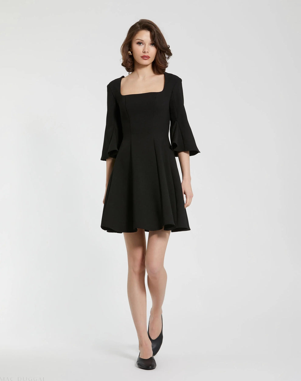 Black Crepe Square Neck 3/4 Sleeve Godet Mini Dress - Mac Duggal
