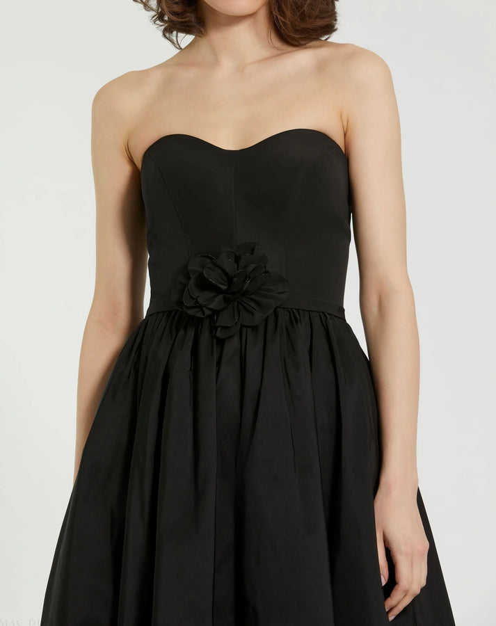 Black Faille Strapless A Line Midi Dress With 3D Rose - Mac Duggal