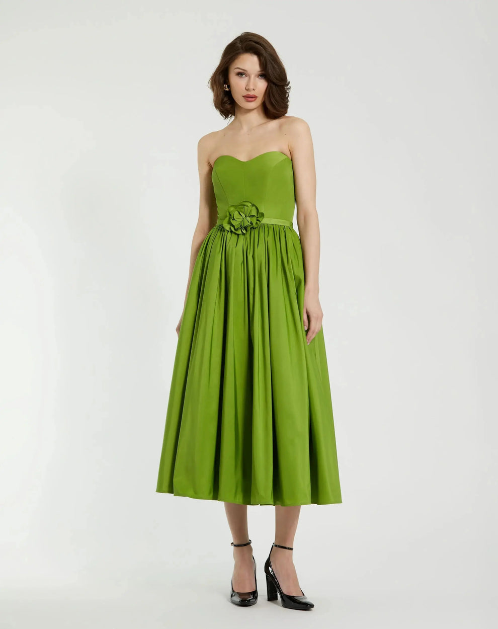 Green Faille Strapless A Line Midi Dress With 3D Rose - Mac Duggal