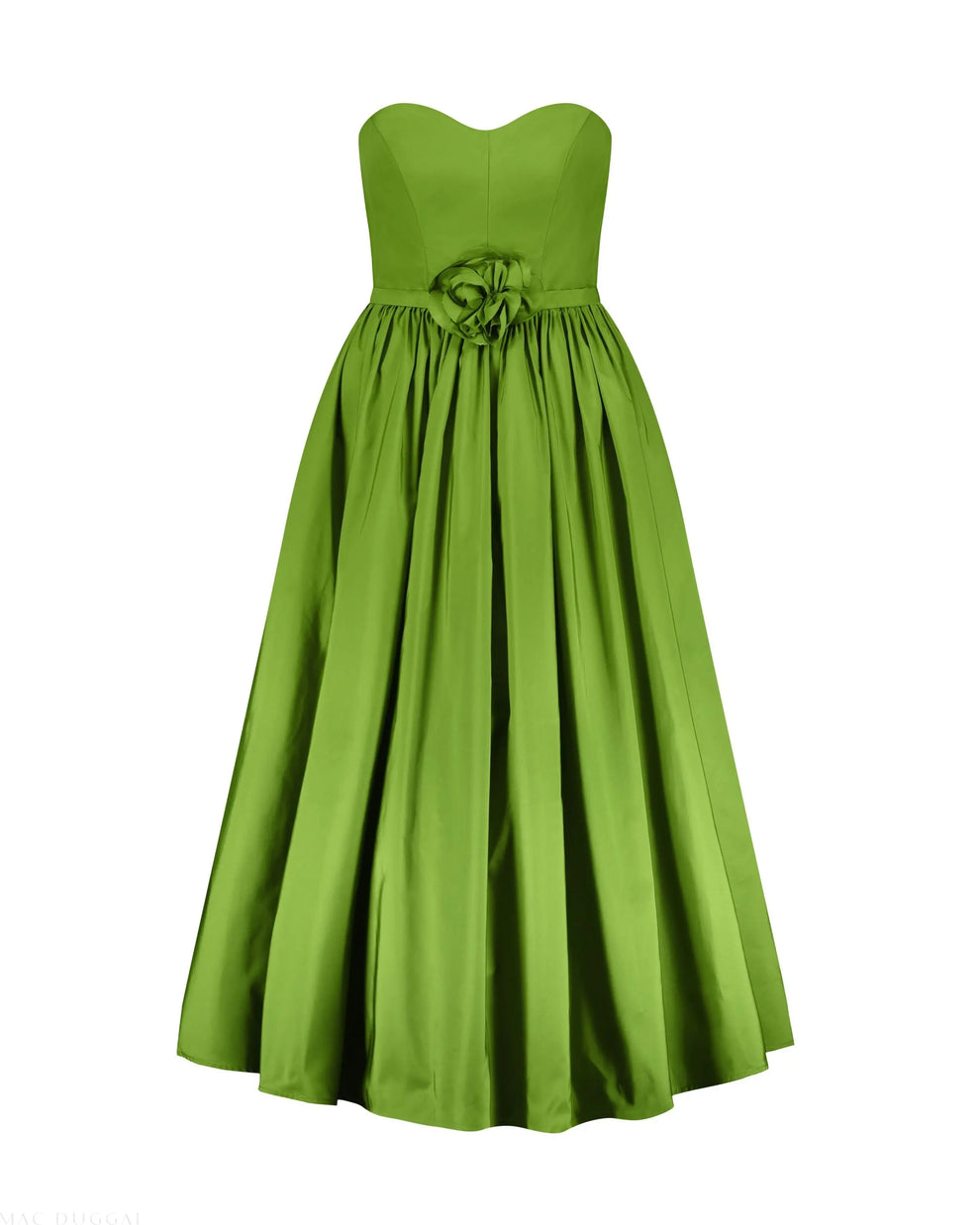 Green Faille Strapless A Line Midi Dress With 3D Rose - Mac Duggal