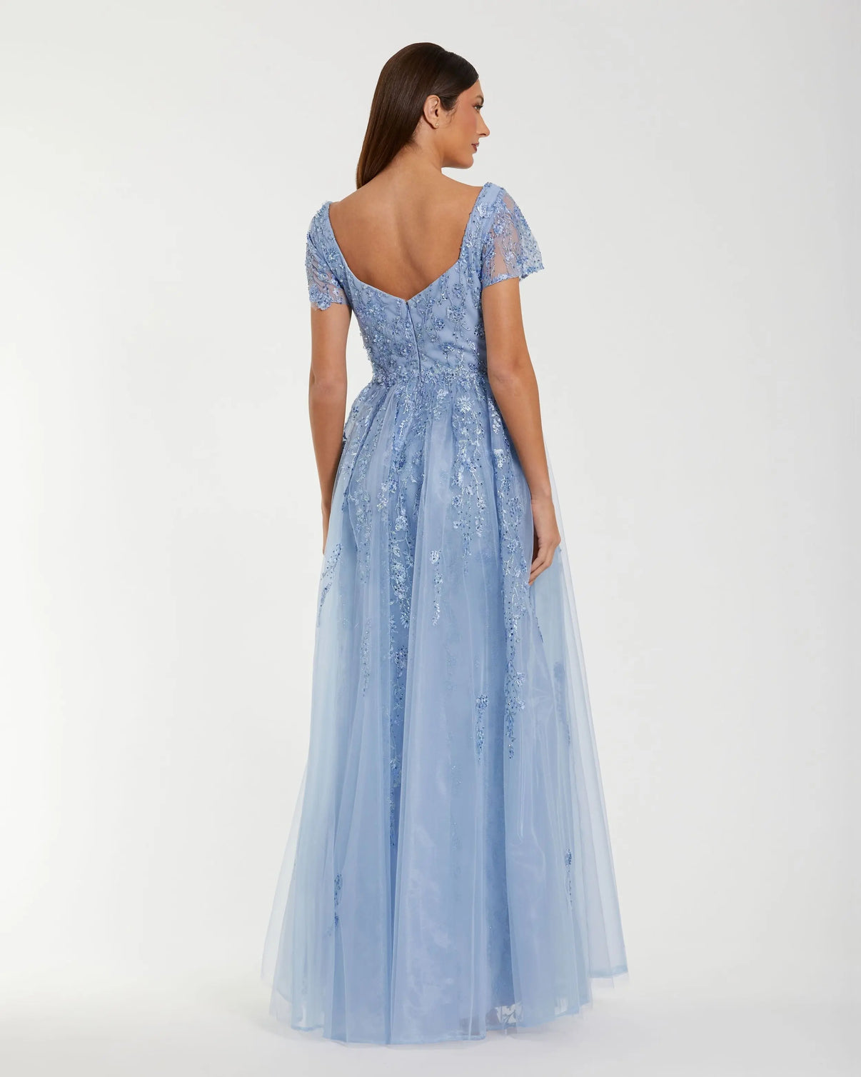 Blue Embroidered Beaded A-Line Gown with Overskirt | Mac Duggal