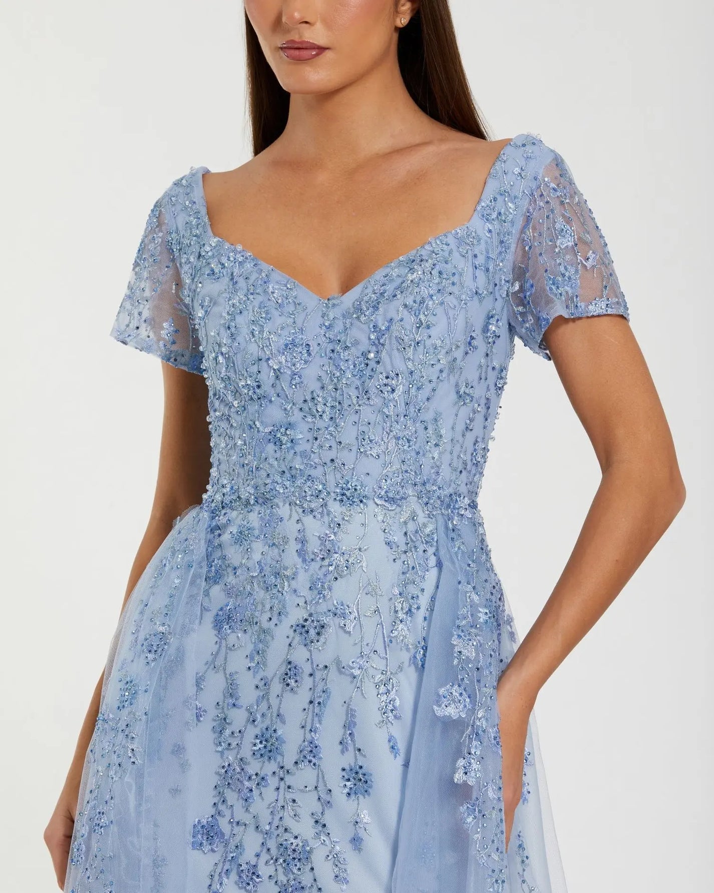 Blue Embroidered Beaded A-Line Gown with Overskirt | Mac Duggal