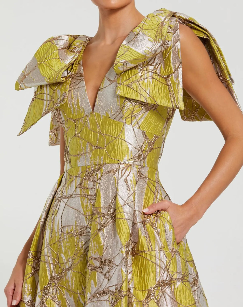 Green Layered Shoulder Bow Metallic A-Line Gown | Mac Duggal