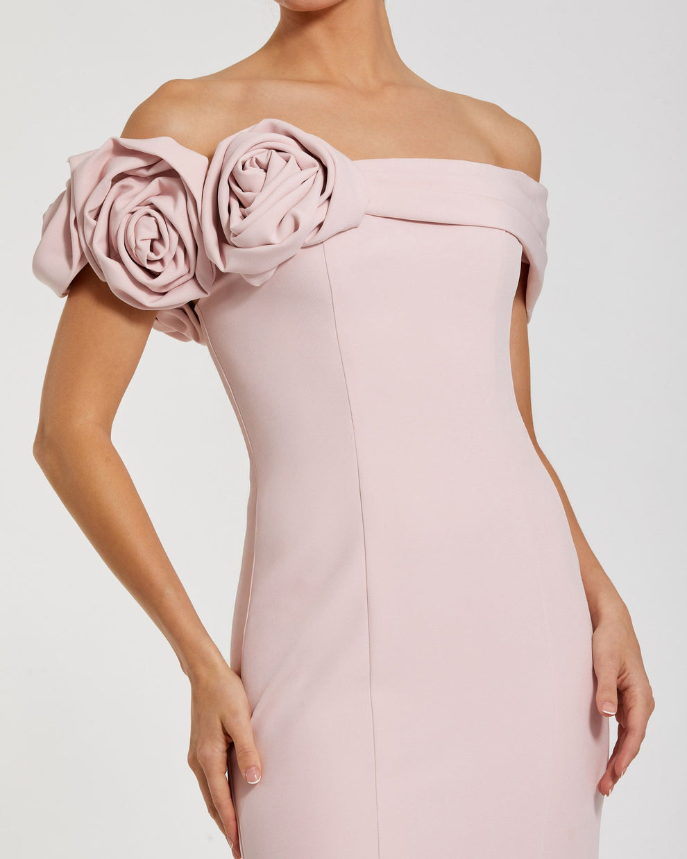 Light Pink Off The Shoulder Crepe Mermaid Gown | Mac Duggal