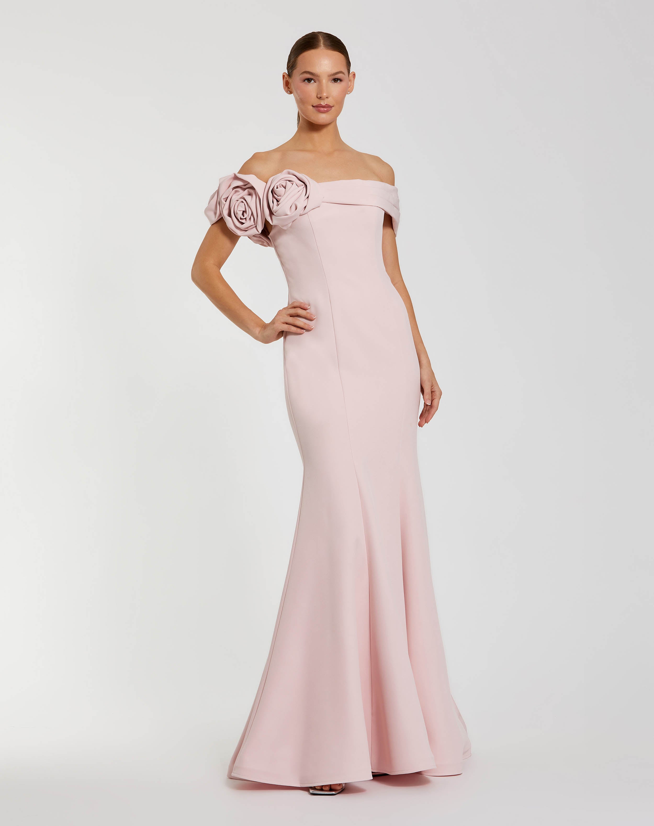 Light Pink Off The Shoulder Crepe Mermaid Gown | Mac Duggal