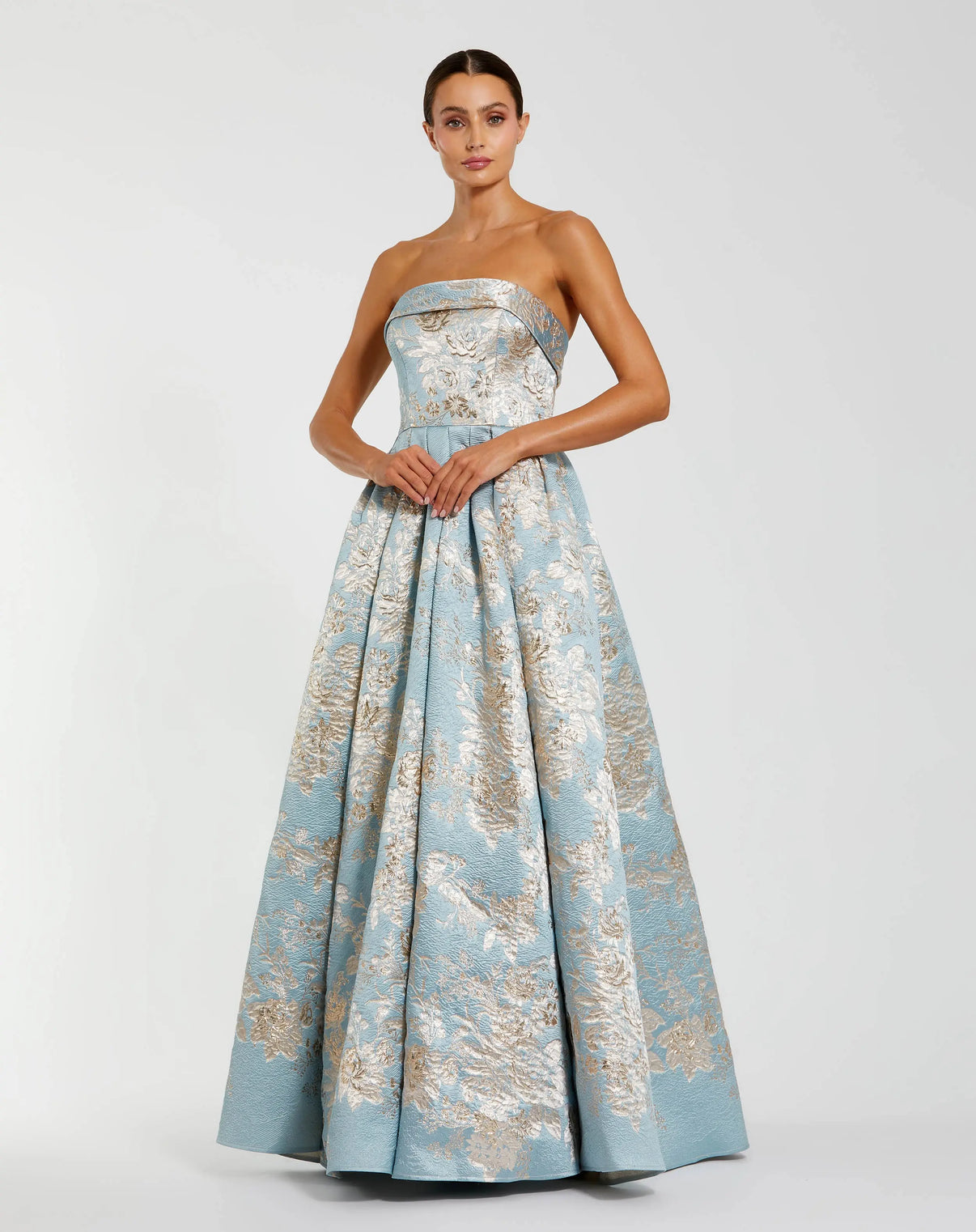 Blue Strapless Brocade Ball Gown with Pockets | Mac Duggal